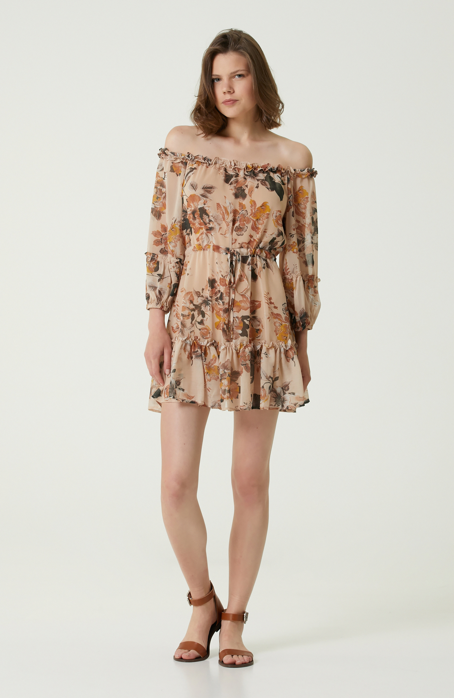 Camel Desenli Mini Elbise