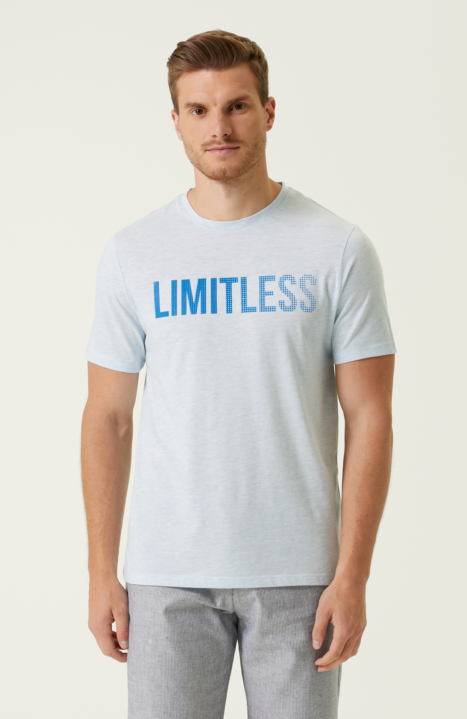 Slim Fit Mavi Melanj Baskılı T-shirt Slim Fit Mavi Melanj Baskılı T-shirt