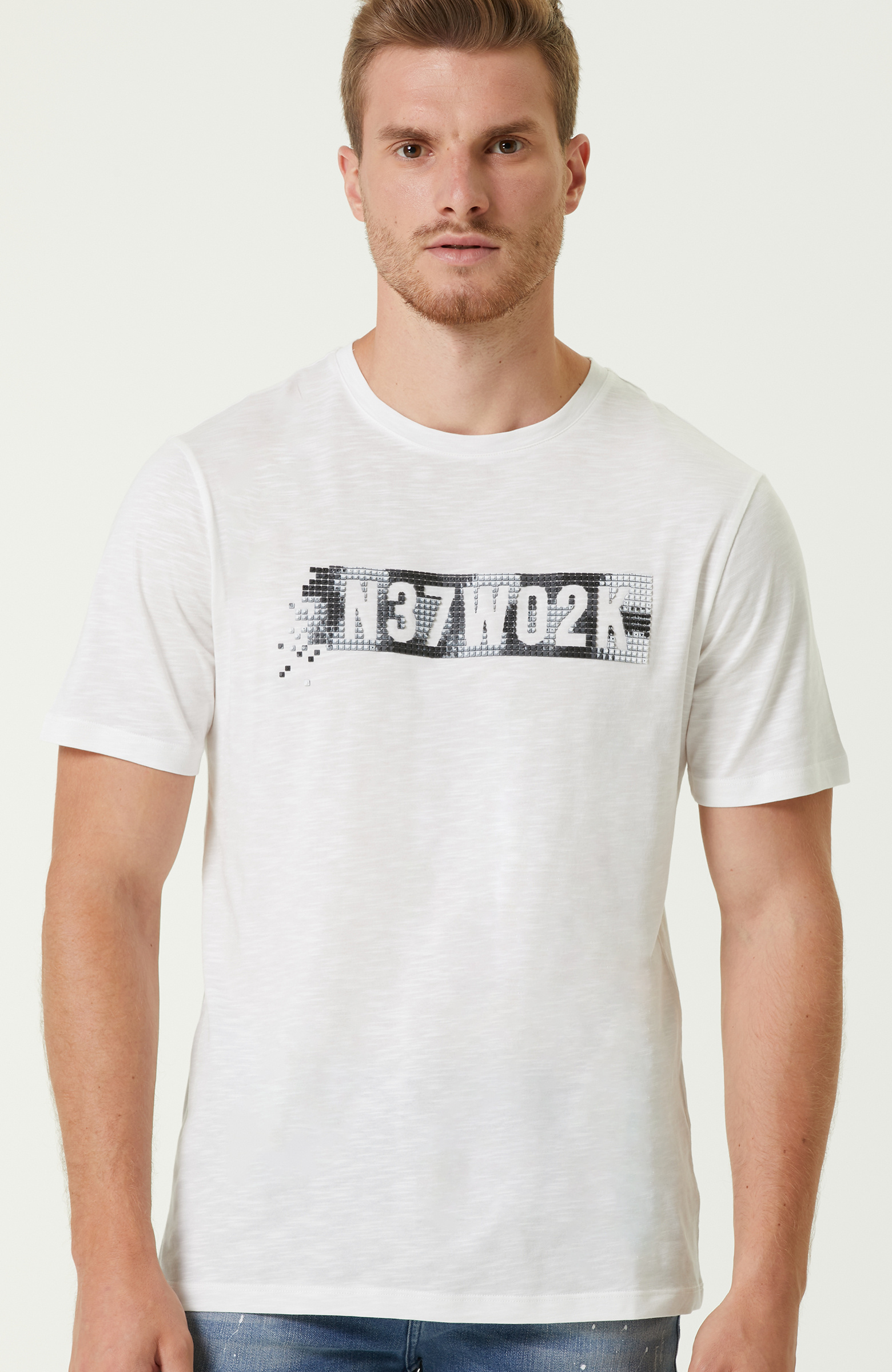 Slim Fit Beyaz Baskılı T-shirt