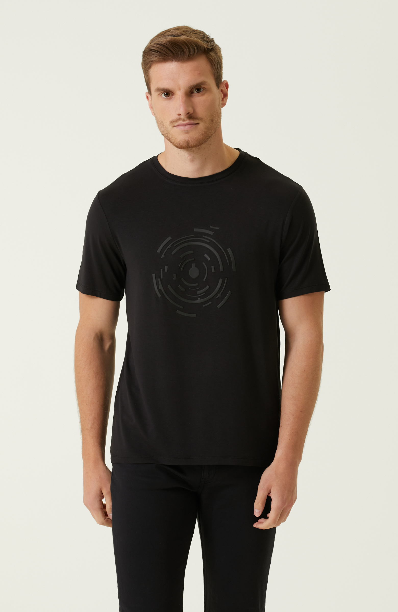 Slim Fit Siyah Bisiklet Yaka Baskılı T-shirt