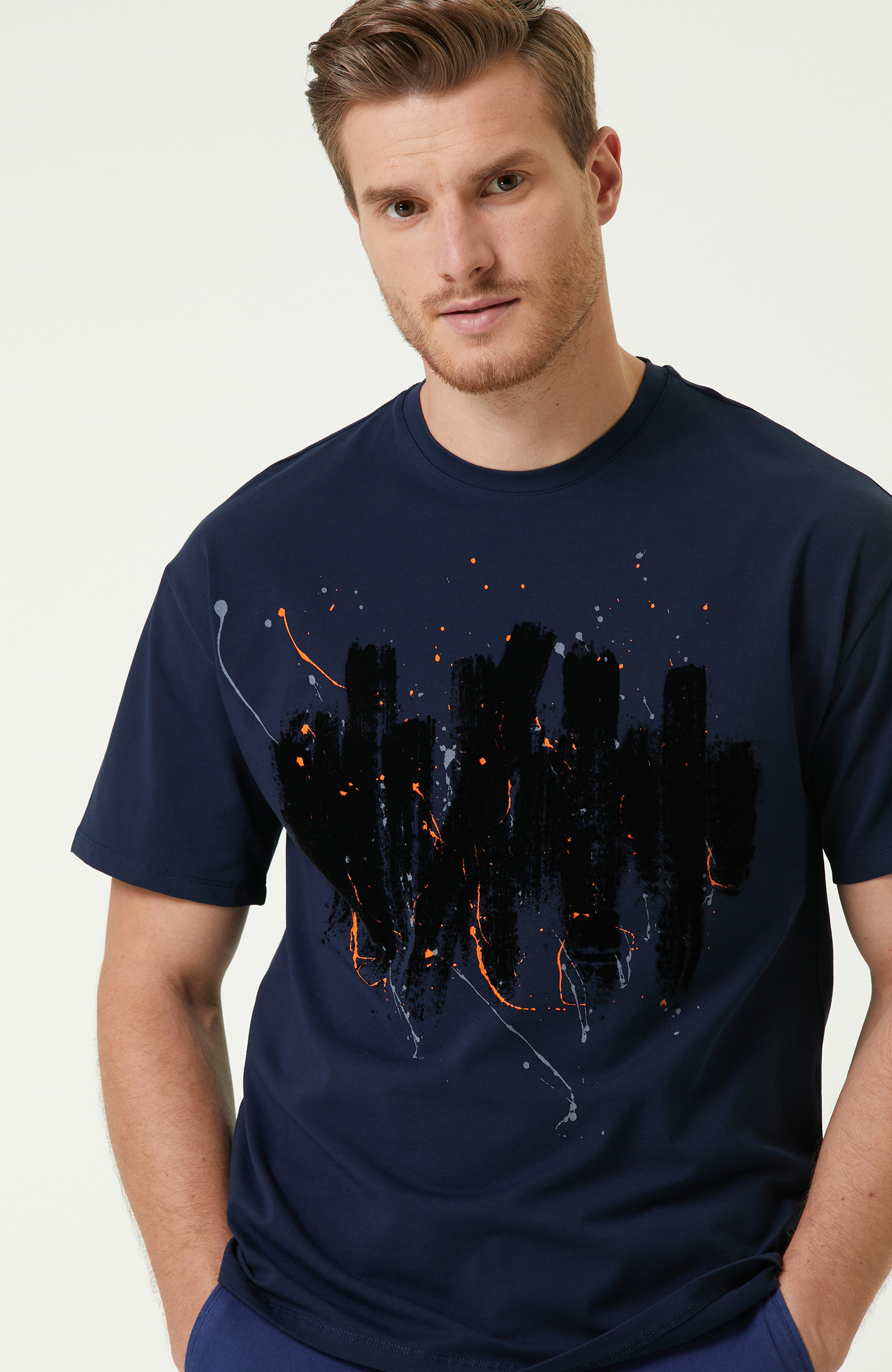 Slim Fit Lacivert Baskılı Bisiklet Yaka T-shirt