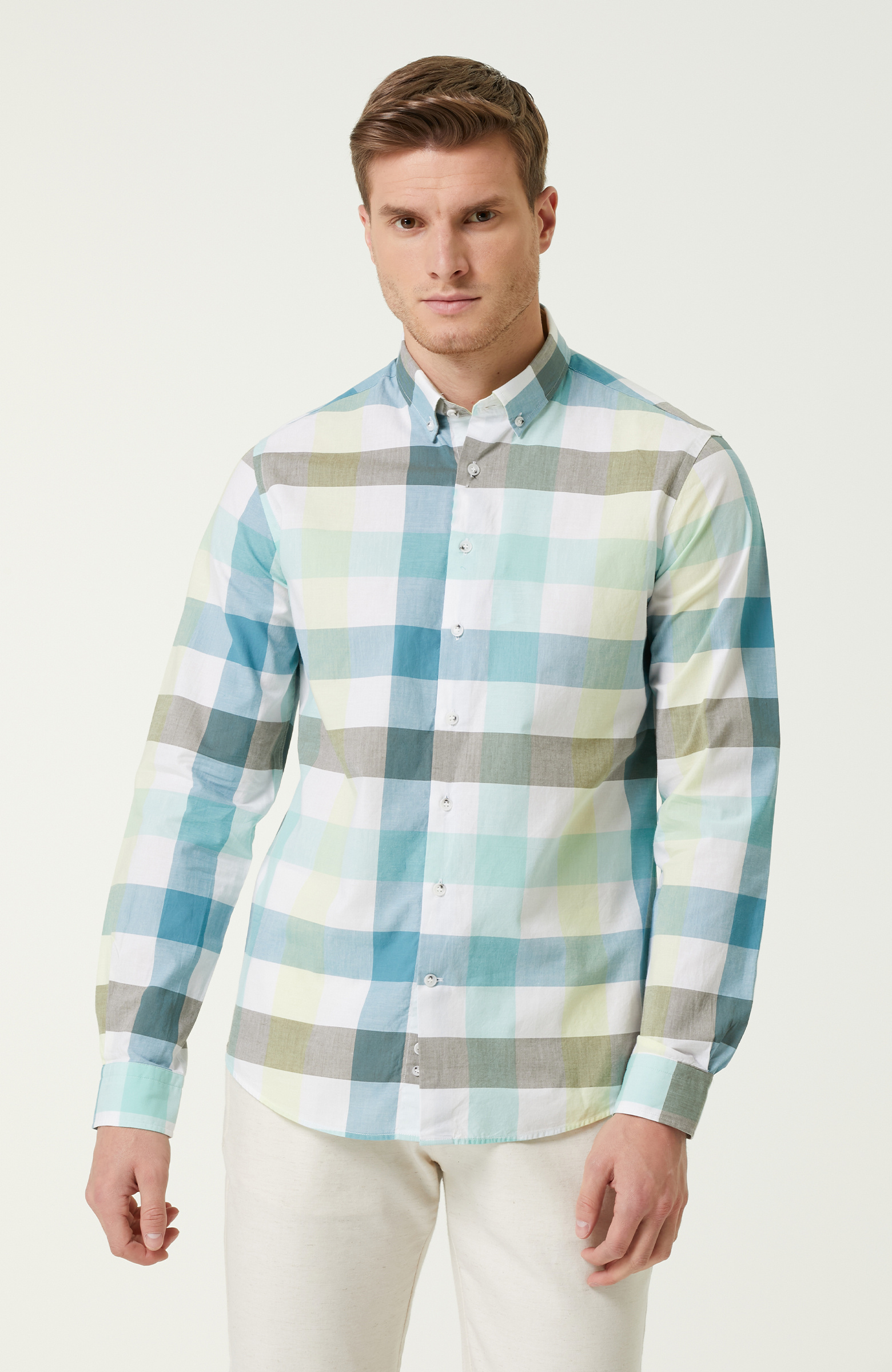 Slim Fit Mavi Ekose Desenli Gömlek