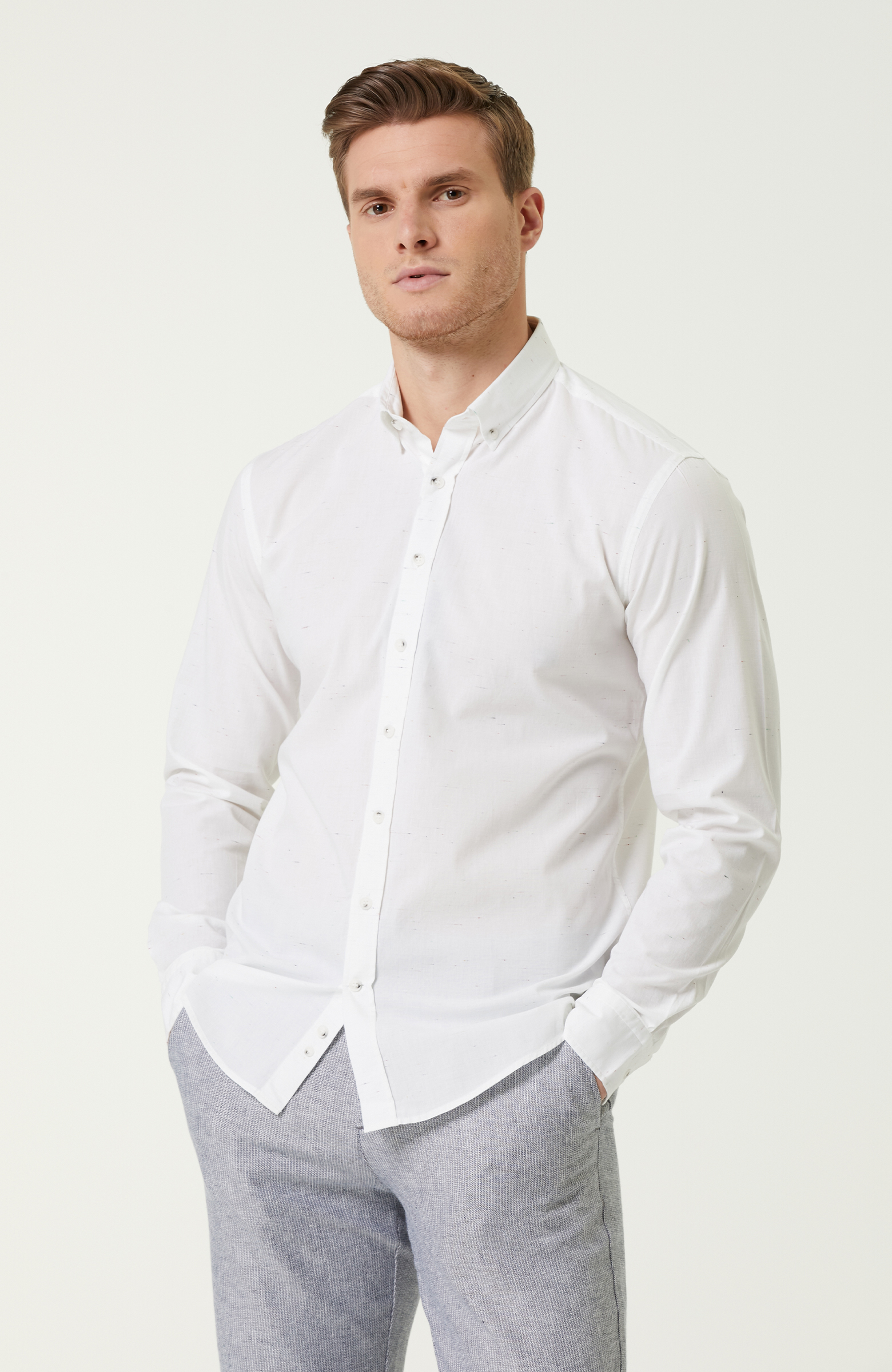 Slim Fit Beyaz Keten Gömlek