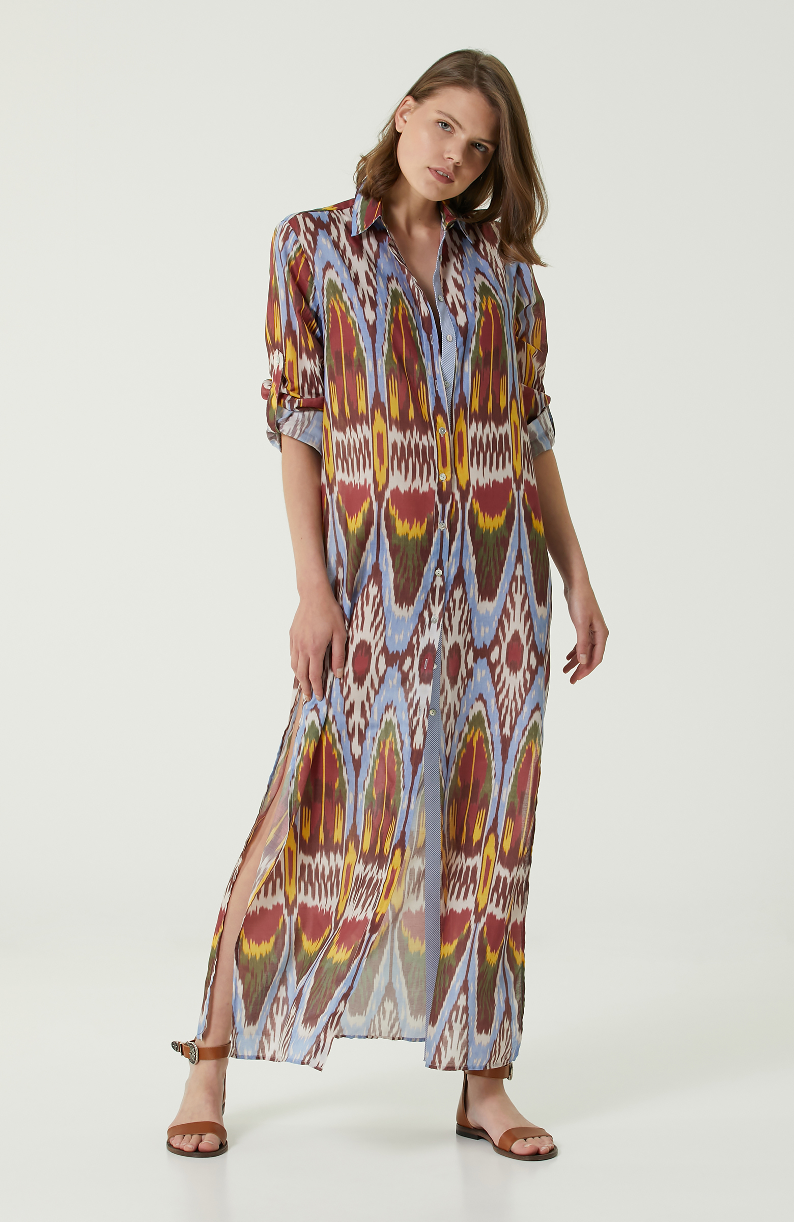 Mavi Kahverengi Desenli Kaftan