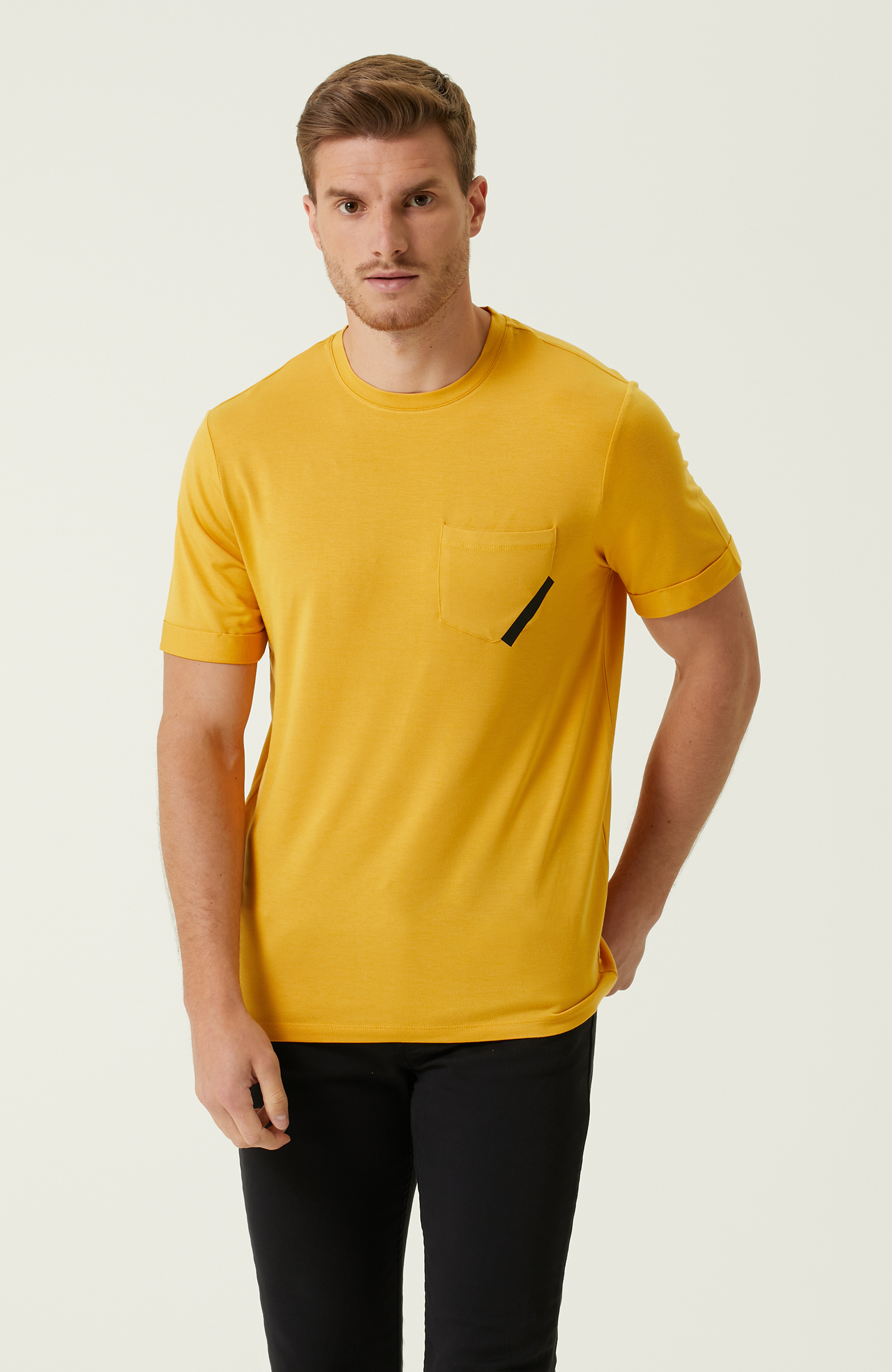 Slim Fit Sarı Bisiklet Yaka T-shirt