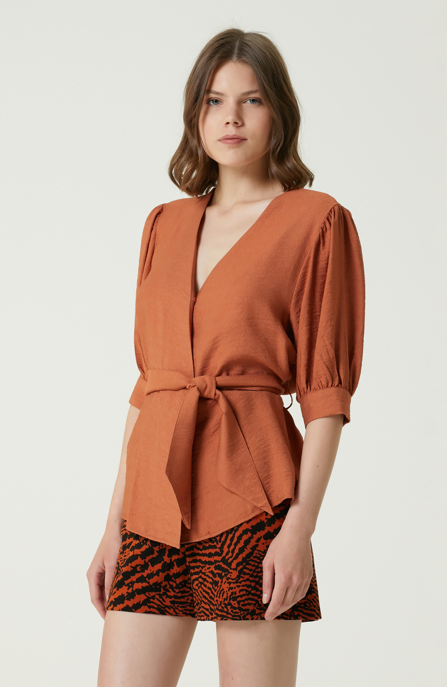 Kiremit Kruvaze Yaka Bluz