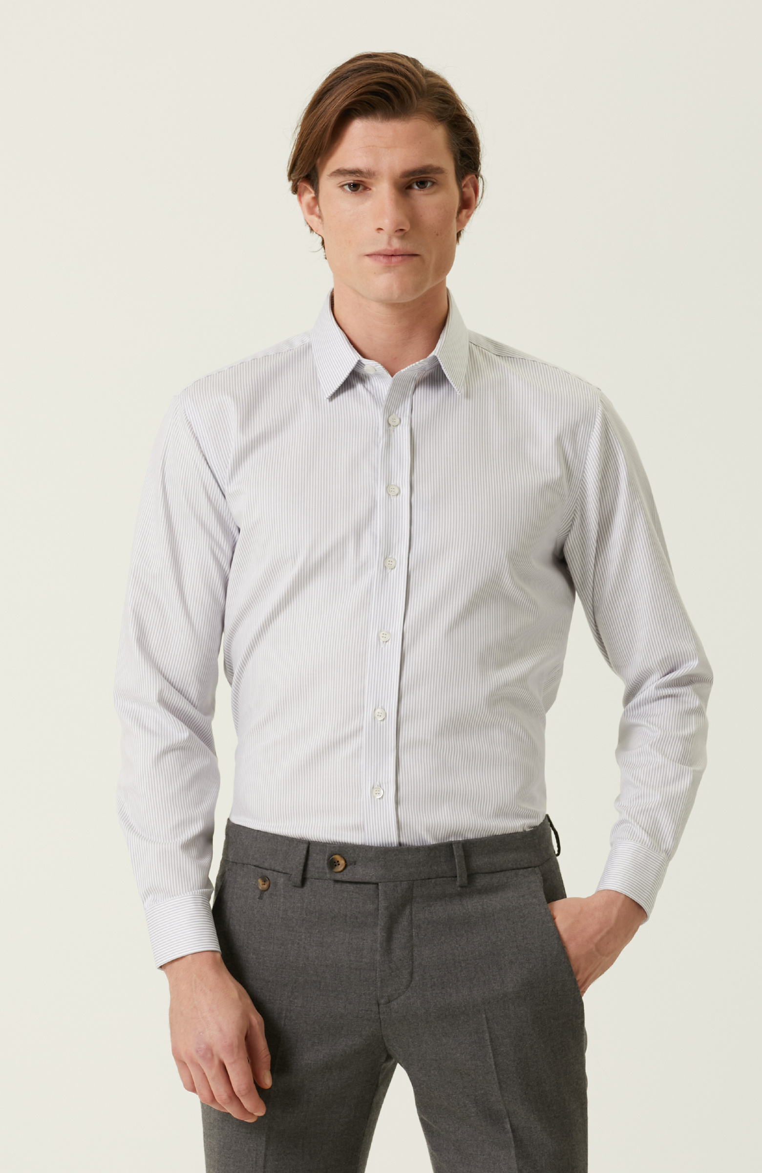 Slim Fit Gri Beyaz Gömlek