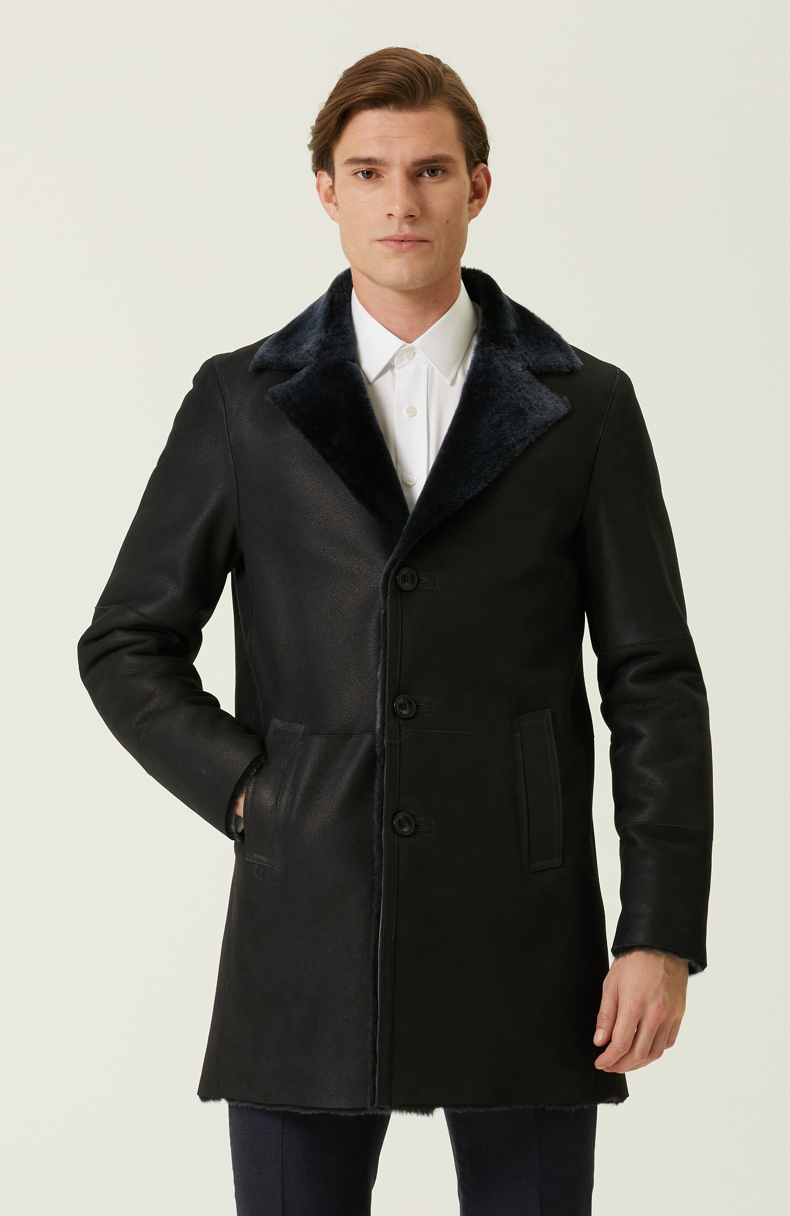 Slim Fit Lacivert Deri Kaban