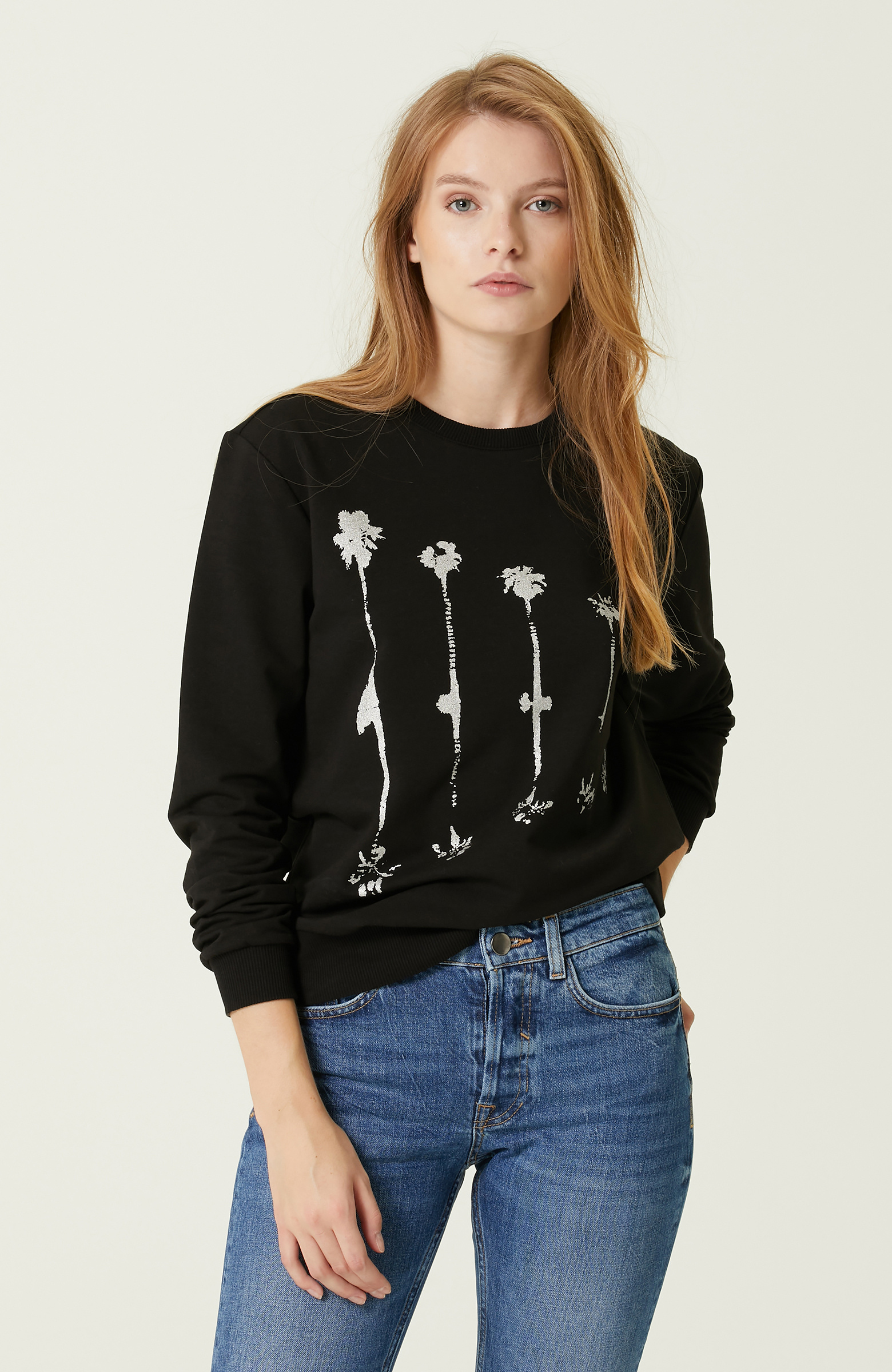 Geniş Fit Siyah Baskılı Sweatshirt