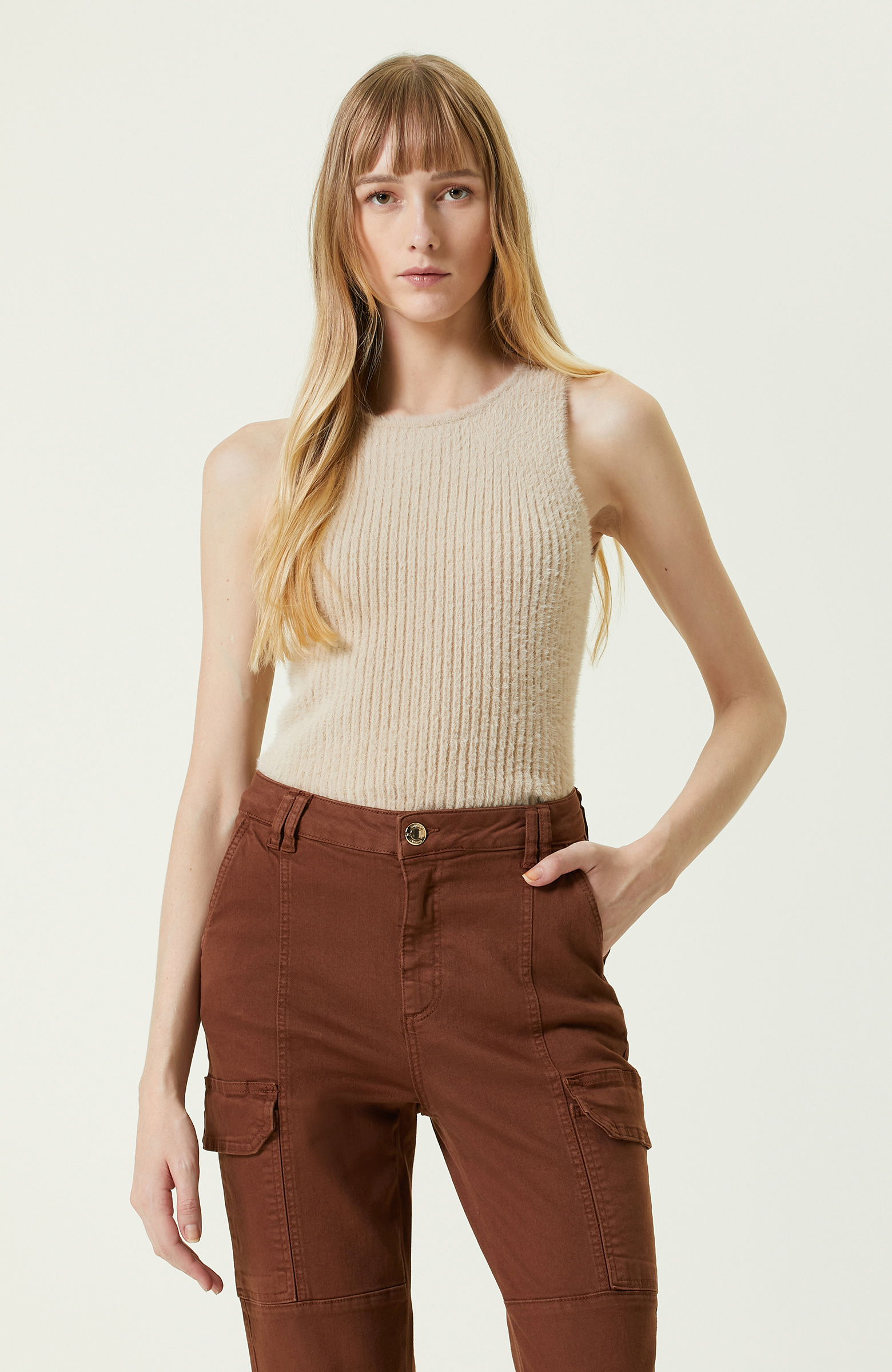 Slim Fit Bej Çizgi Dokulu Kazak