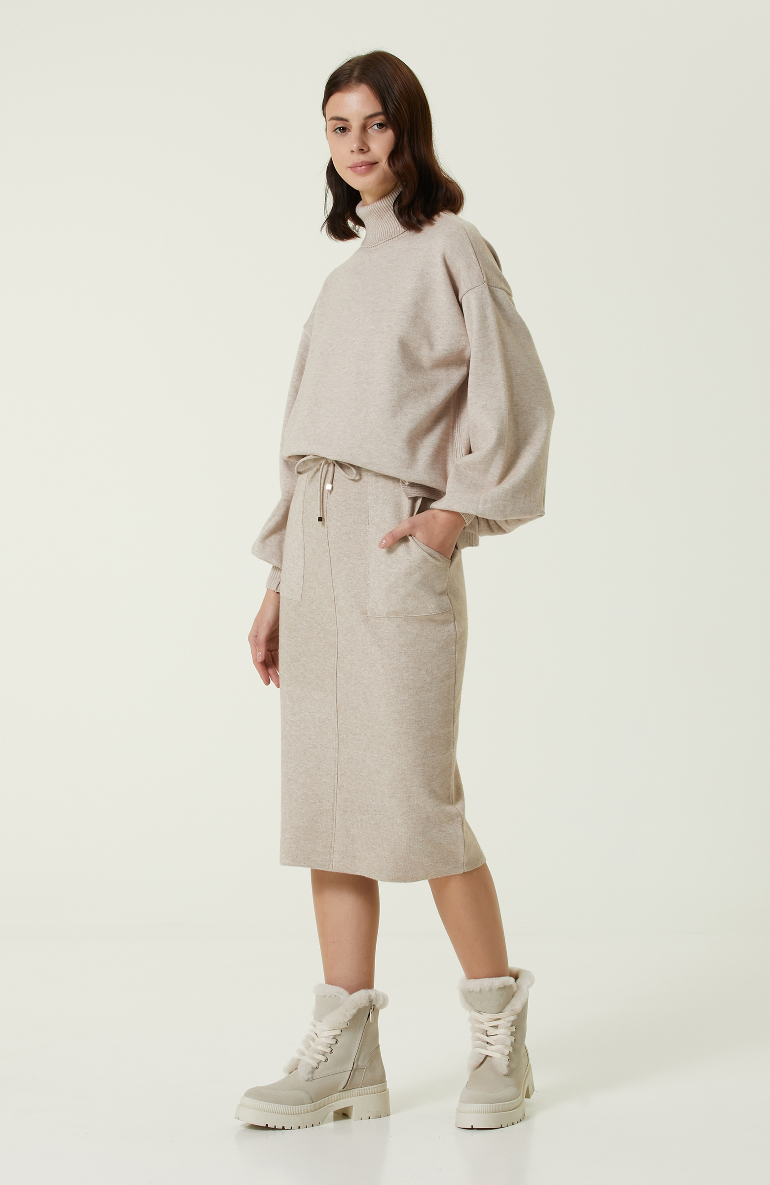 Slim Fit Bej Melanj Midi Triko Etek Slim Fit Bej Melanj Midi Triko Etek