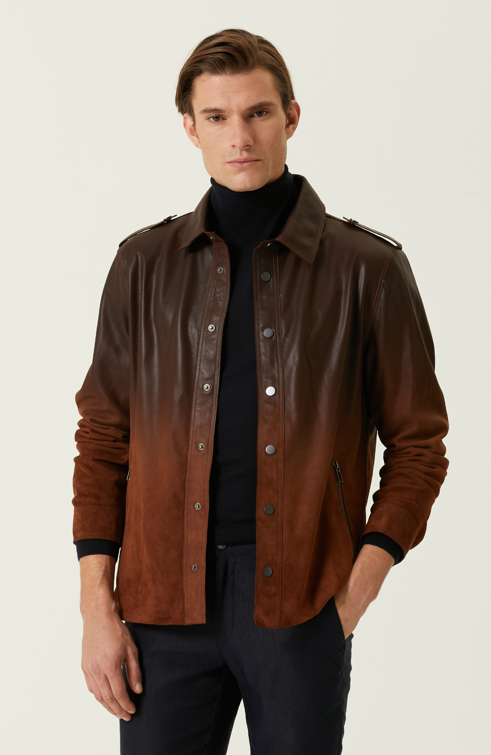 Slim Fit Kahverengi Deri Gömlek