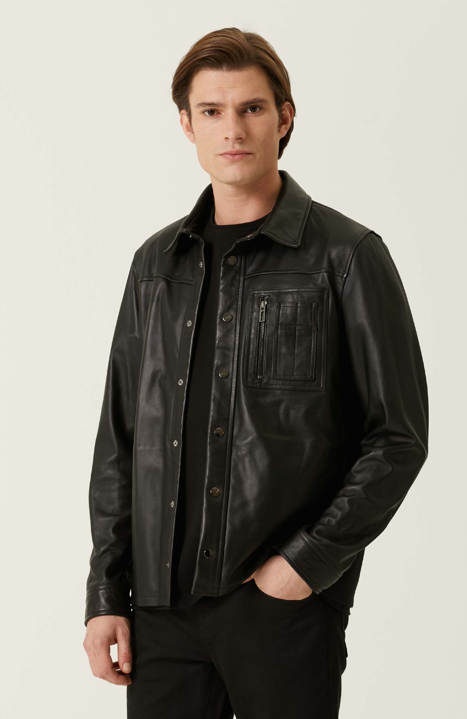 Slim Fit Siyah Deri Gömlek