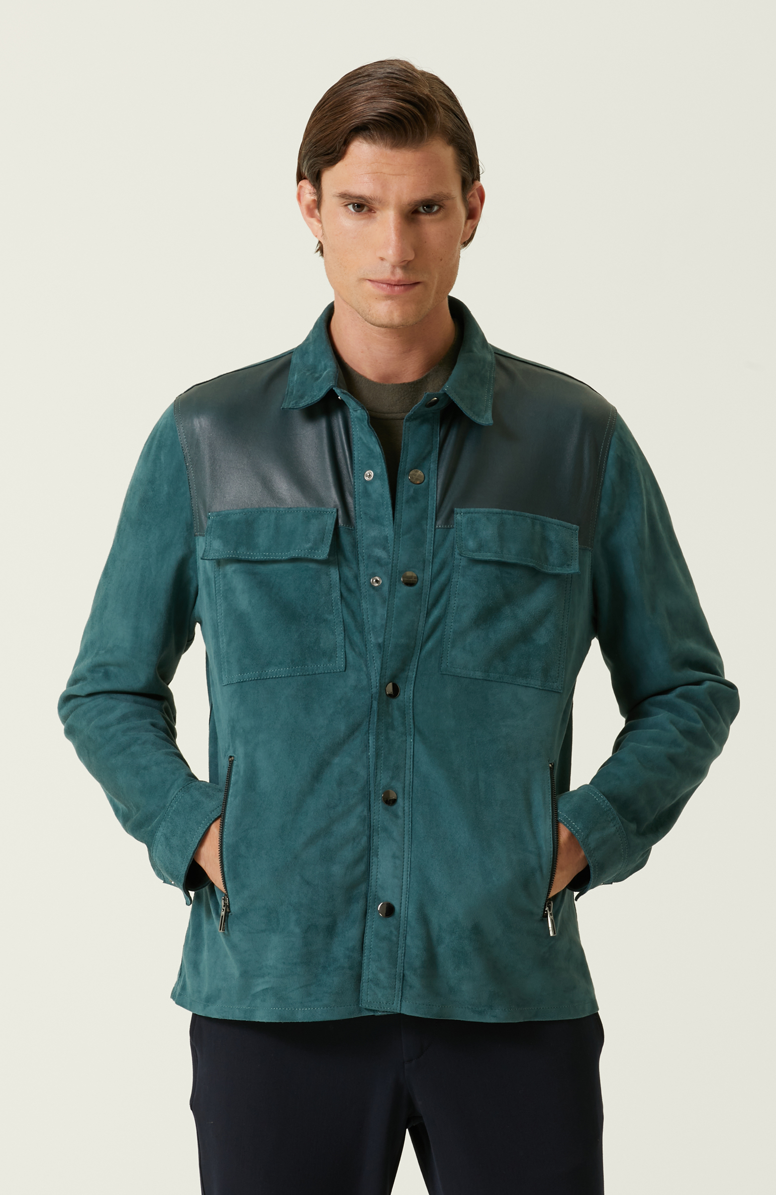 Slim Fit Mint Garnili Deri Gömlek Slim Fit Mint Garnili Deri Gömlek