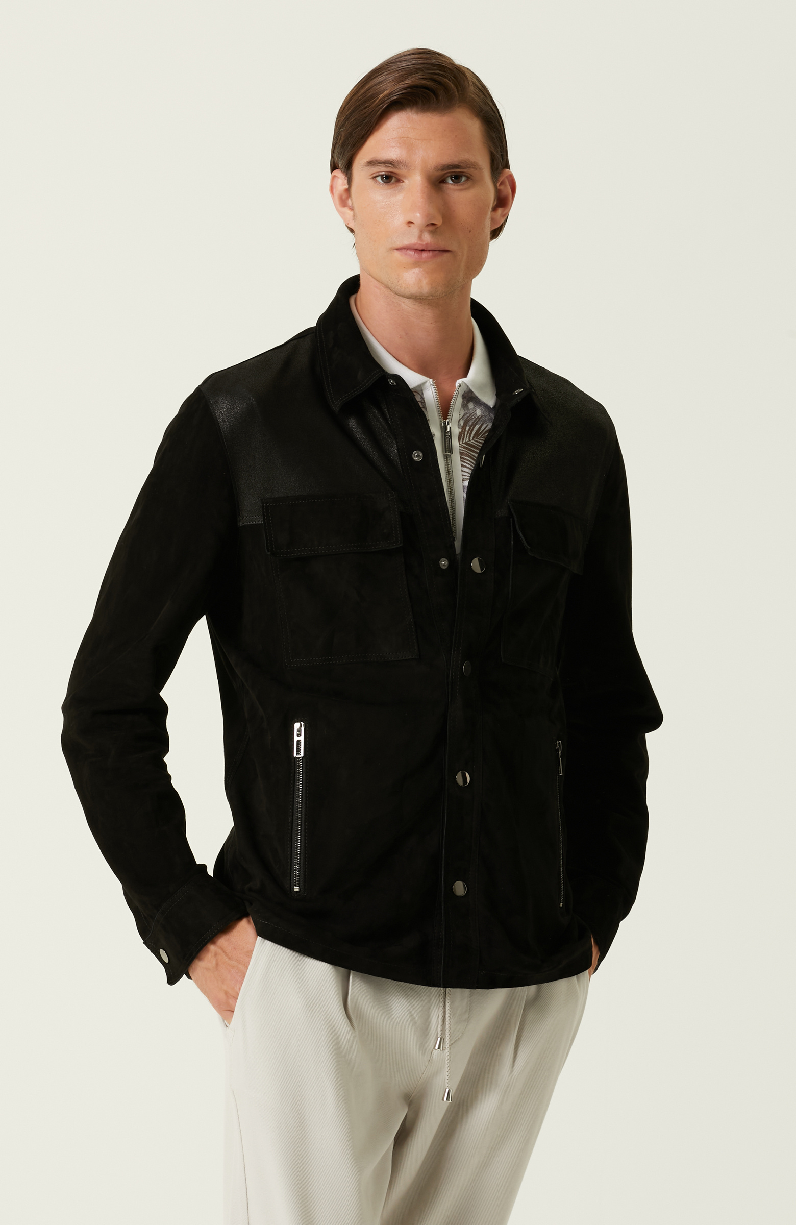 Slim Fit Siyah Garnili Deri Gömlek Slim Fit Siyah Garnili Deri Gömlek