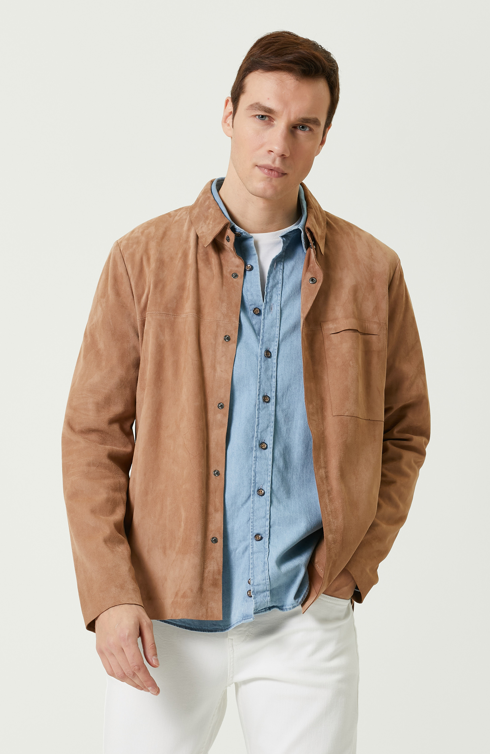 Slim Fit Camel Deri Gömlek