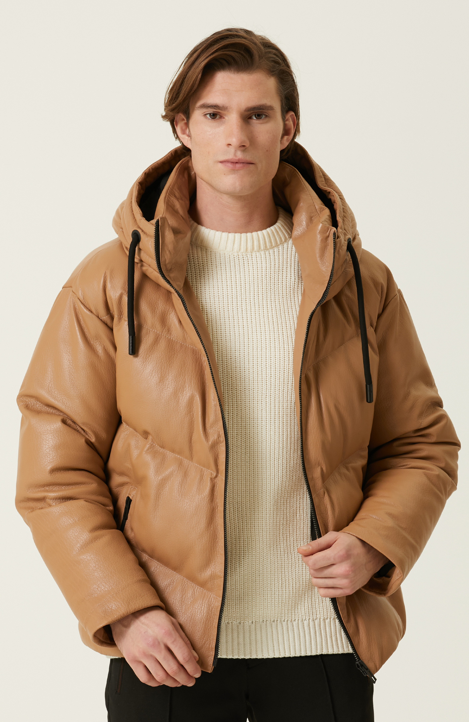 Slim Fit Camel Deri Mont