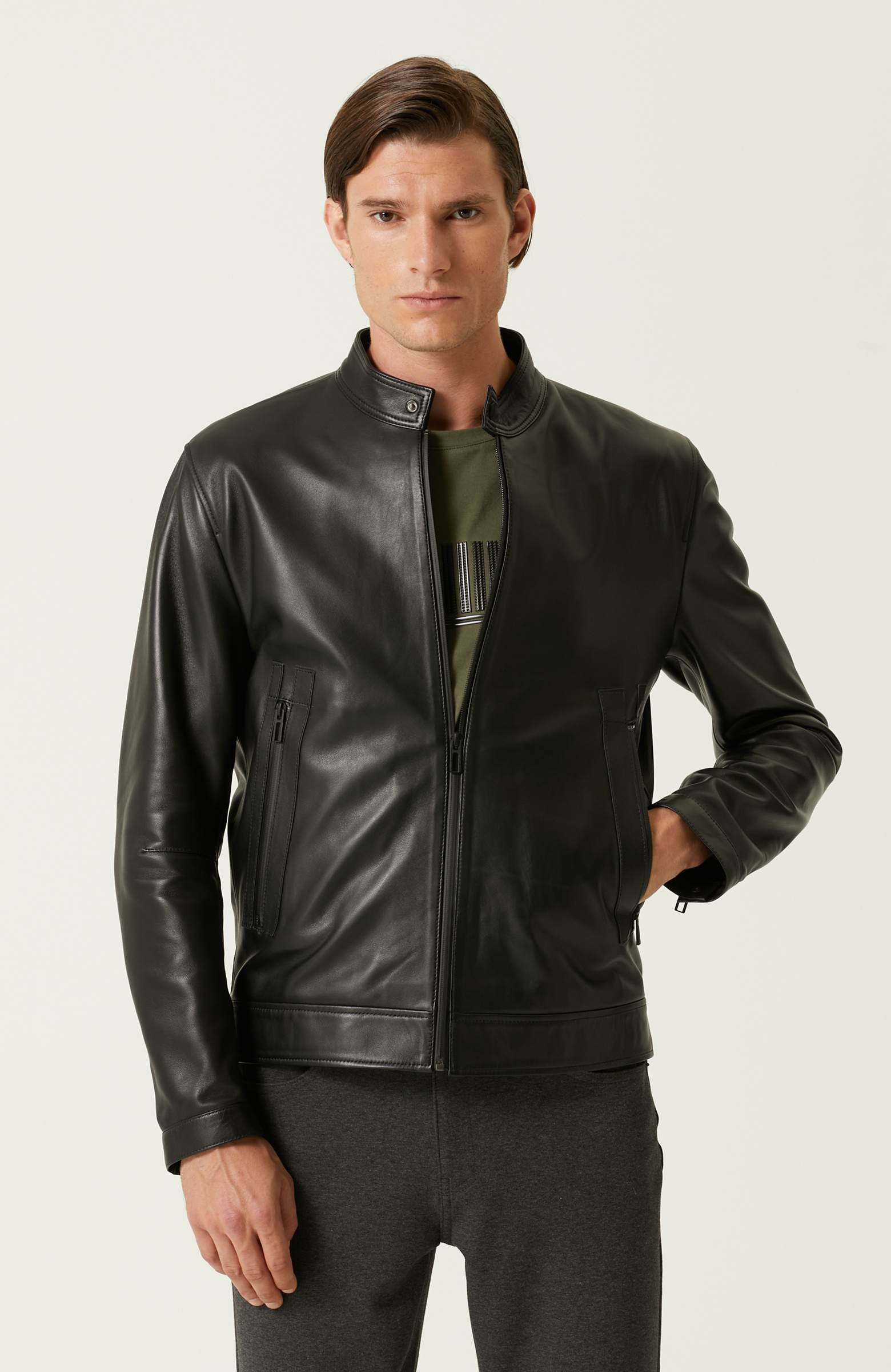 Slim Fit Siyah Deri Mont