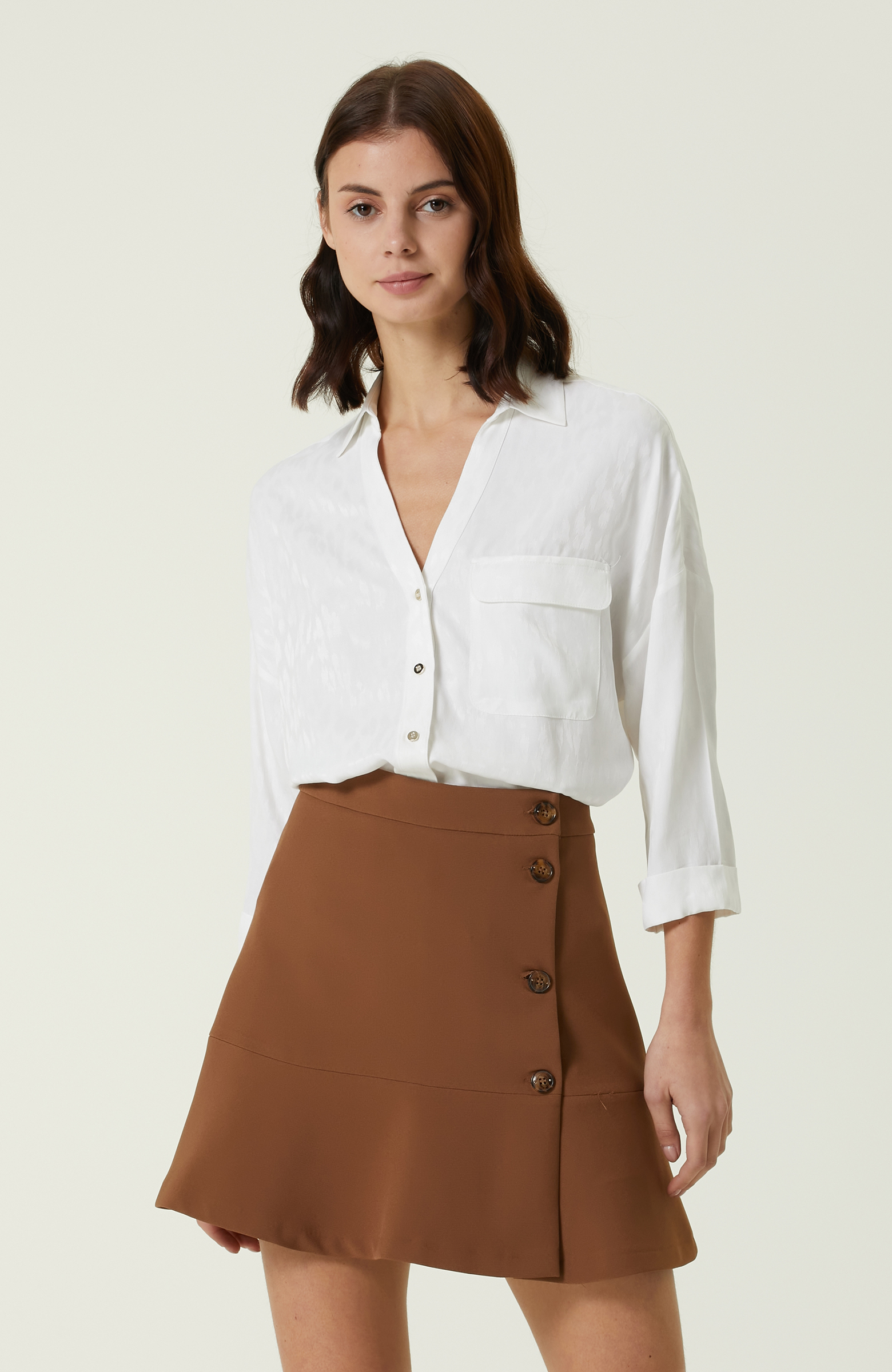 Regular Fit Ekru Jakarlı Gömlek