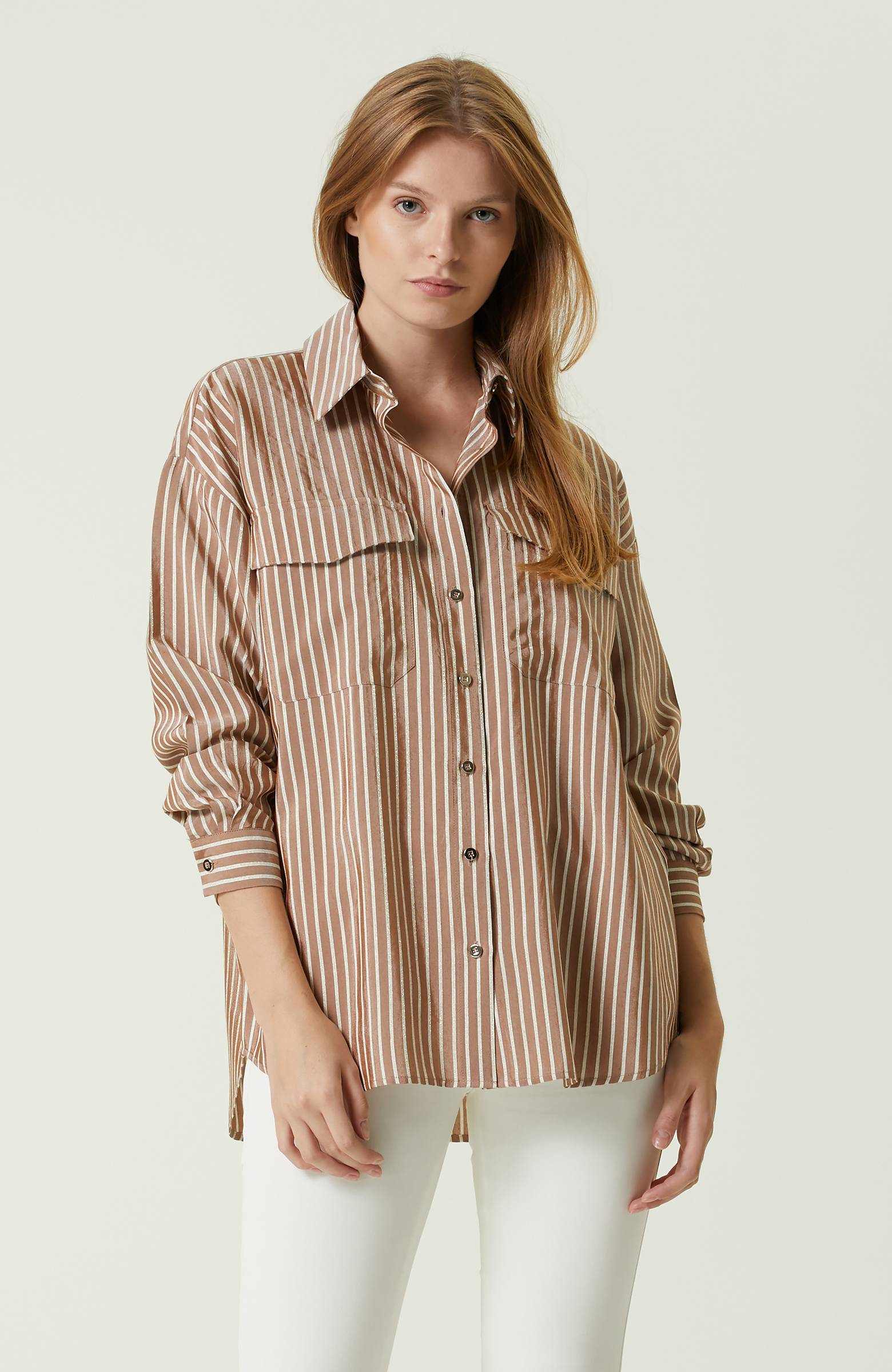 Regular Fit Camel Çizgili İngiliz Yaka Gömlek