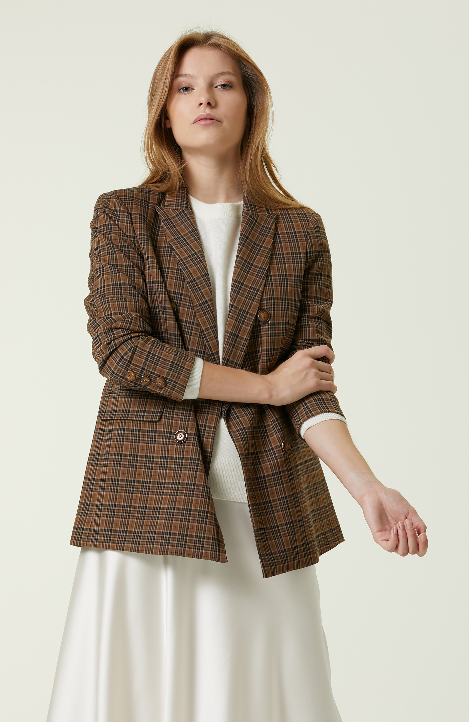 Regular Fit Kahverengi Ekoseli Kruvaze Ceket