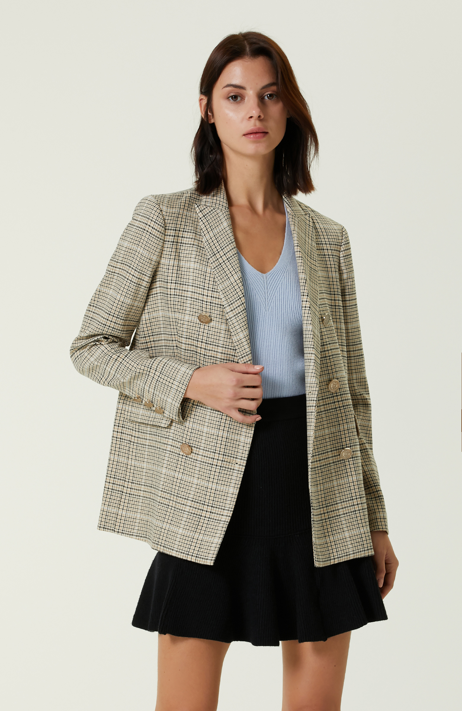 Regular Fit Bej Ekoseli Ceket