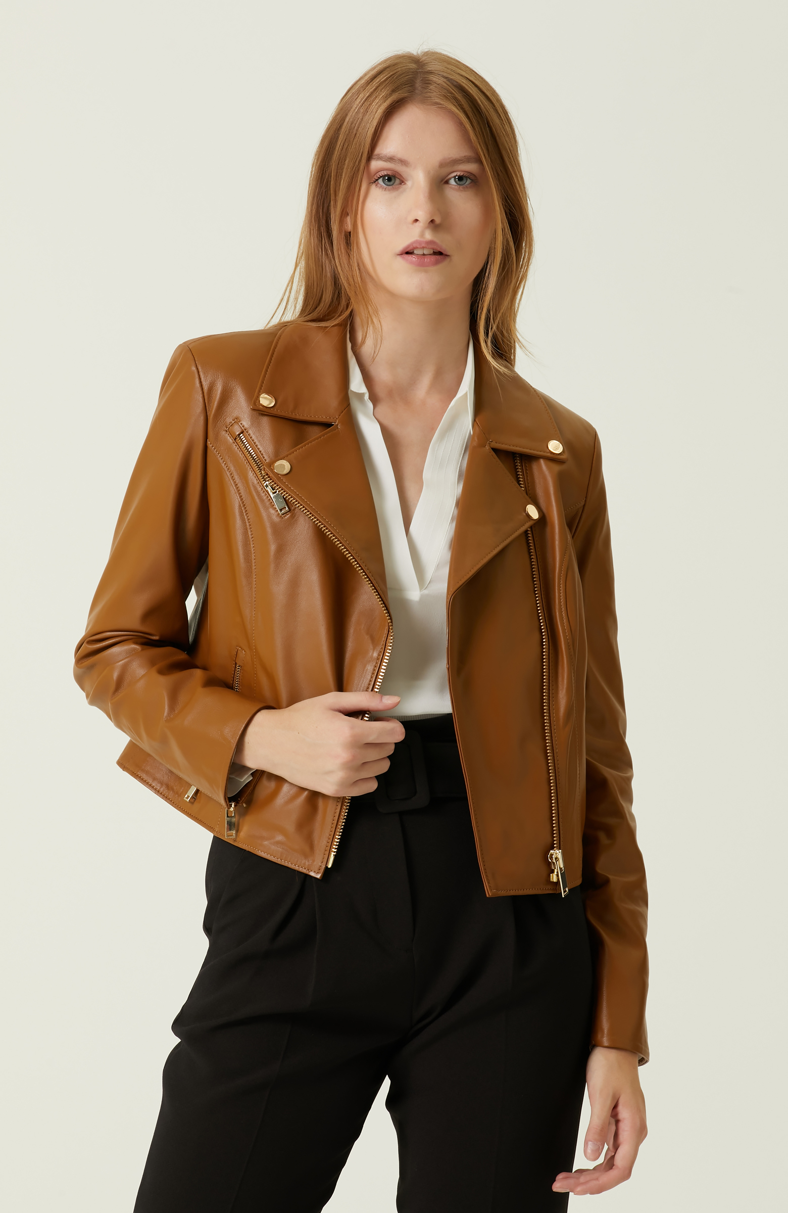 Slim Fit Kahverengi Kruvaze Deri Mont