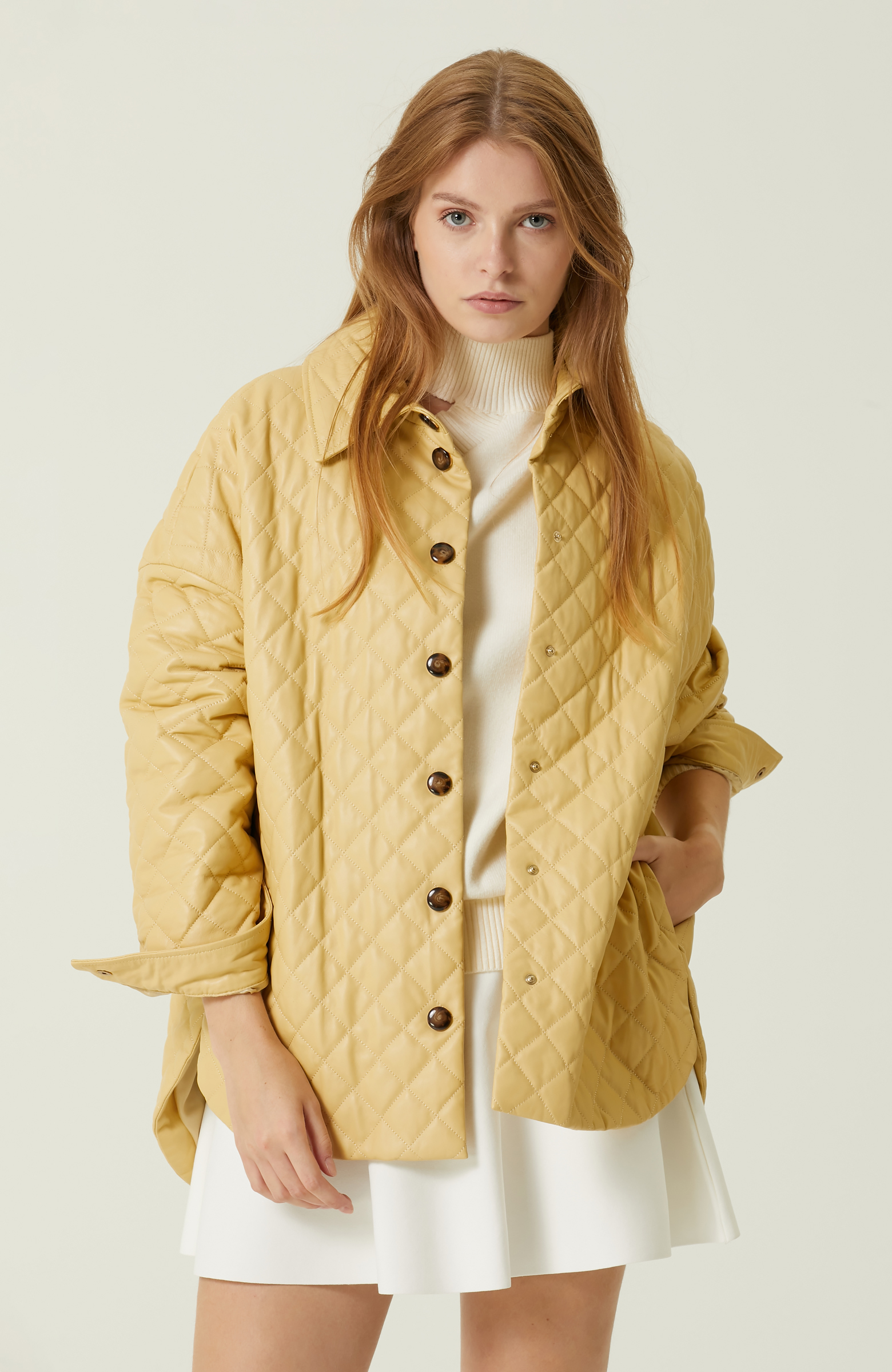 Regular Fit Sarı Kapitone Dokulu Deri Ceket Regular Fit Sarı Kapitone Dokulu Deri Ceket