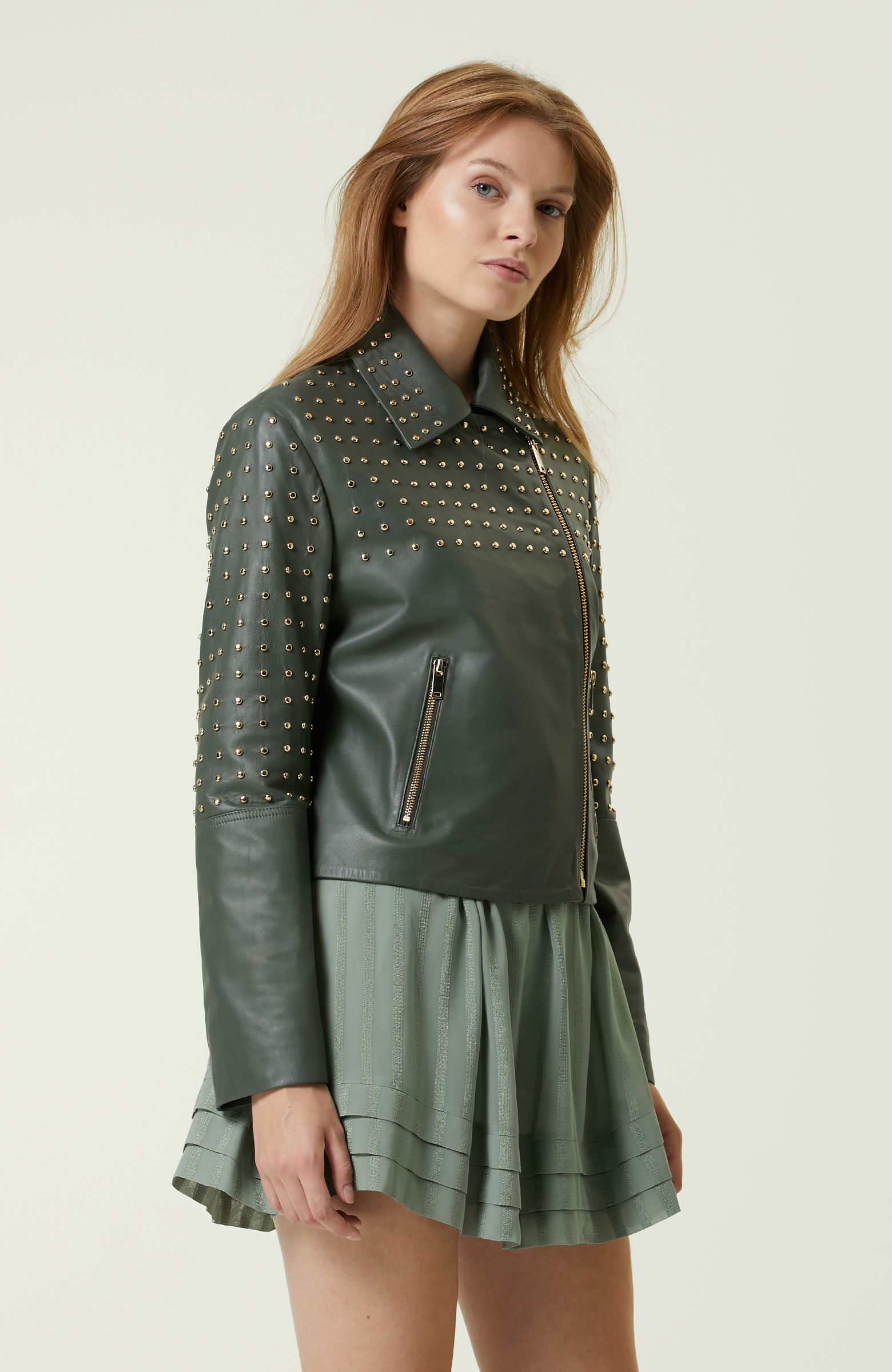 Slim Fit Haki Trok Detaylı Deri Mont