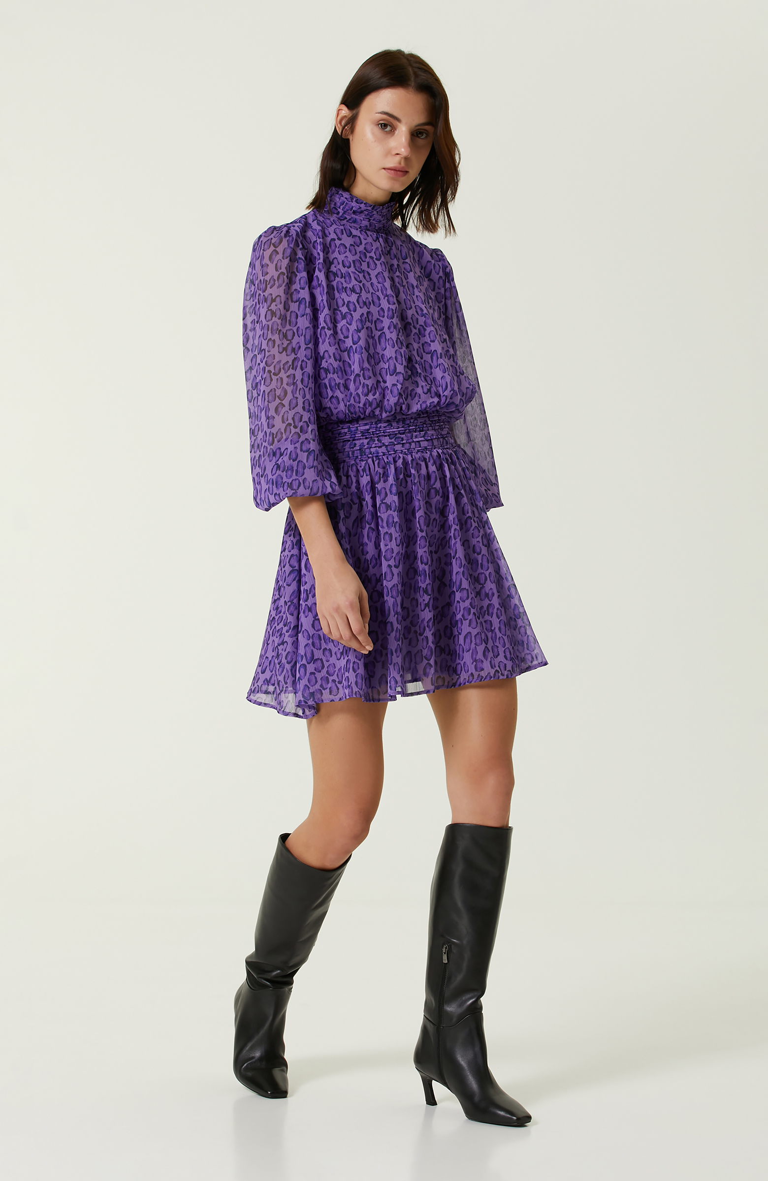 Lila Leopar Desenli Mini Elbise Lila Leopar Desenli Mini Elbise