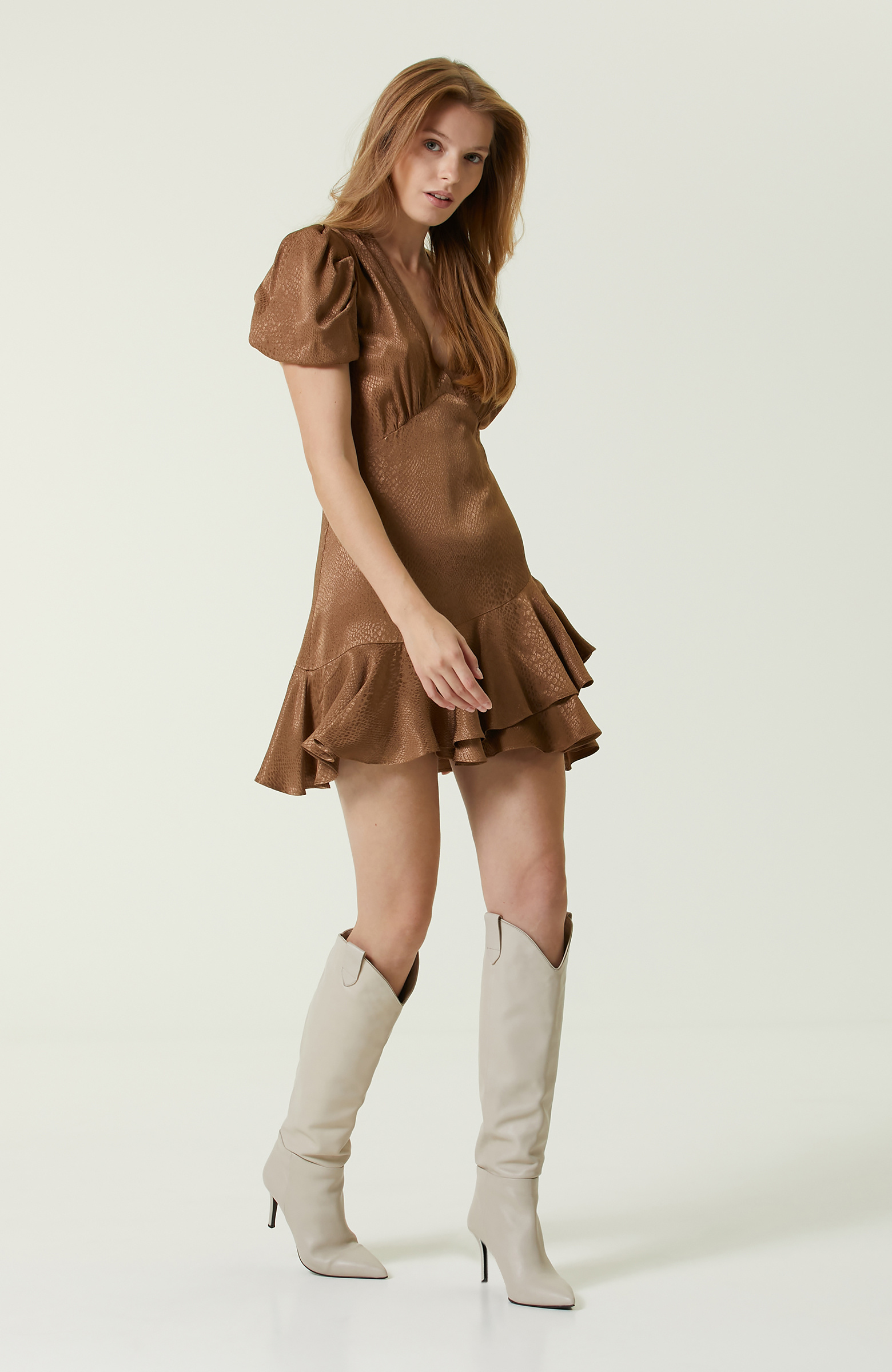 Kahverengi Desenli Mini Elbise