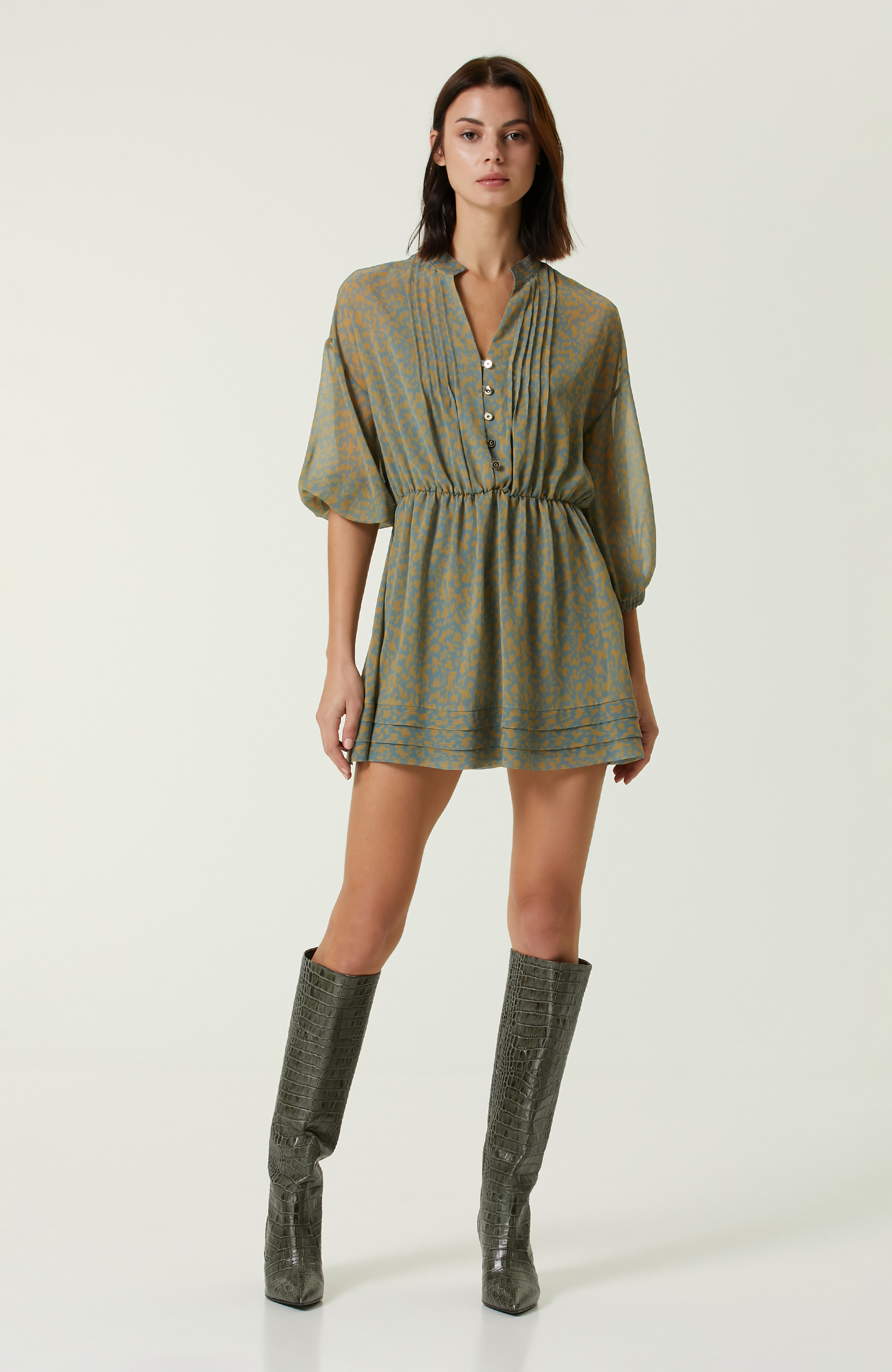 Regular Fit Mint Jakarlı Mini Elbise