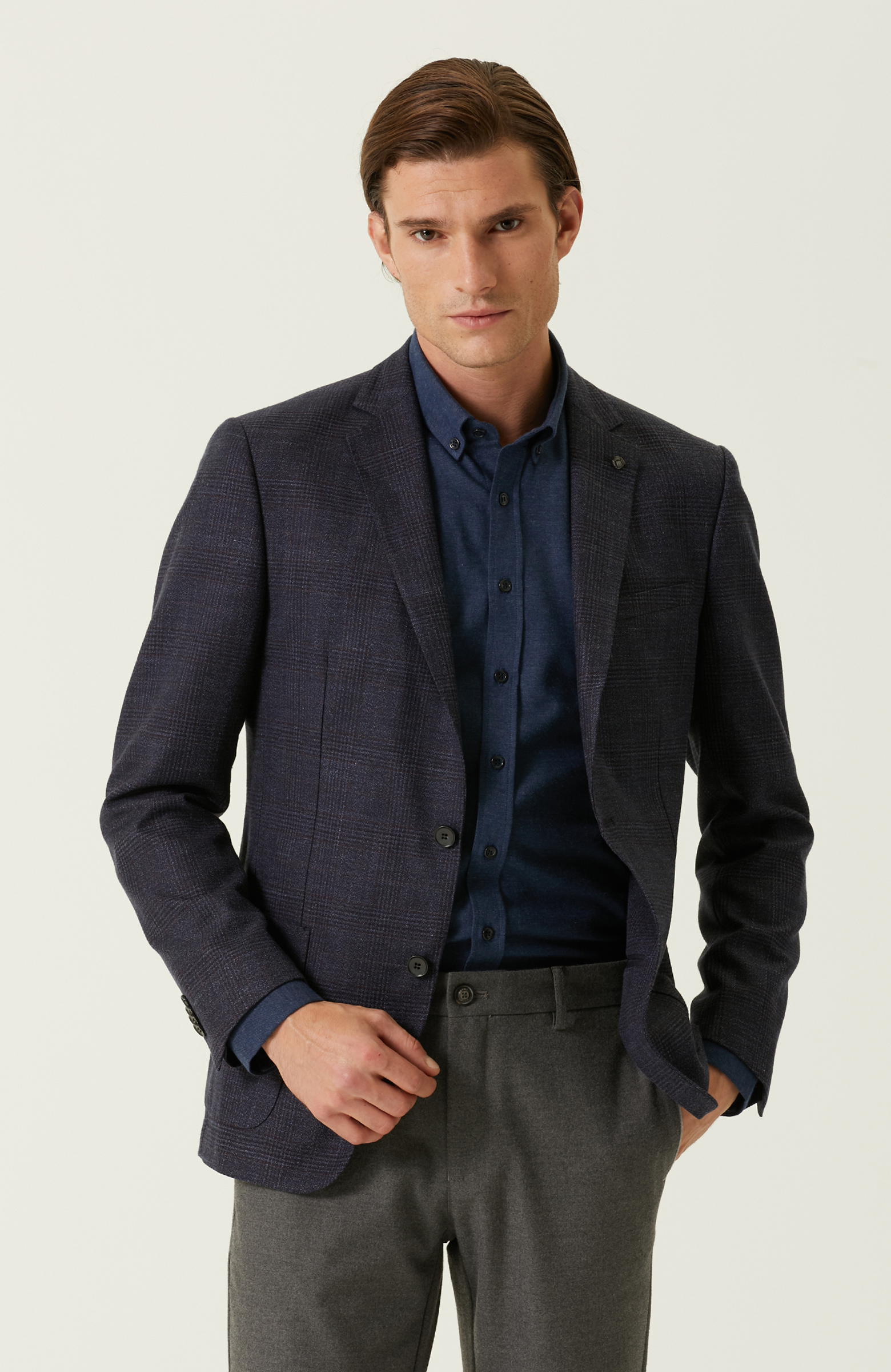 Lacivert Ekoseli Yün Ceket