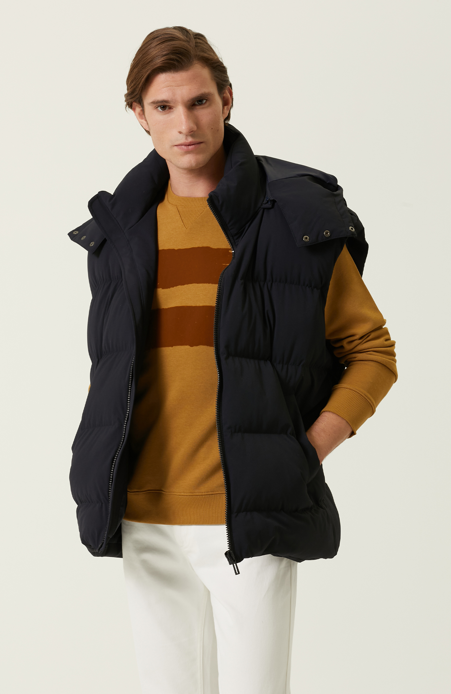 Oversize Fit Lacivert Kapüşonlu Puff Yelek Oversize Fit Lacivert Kapüşonlu Puff Yelek