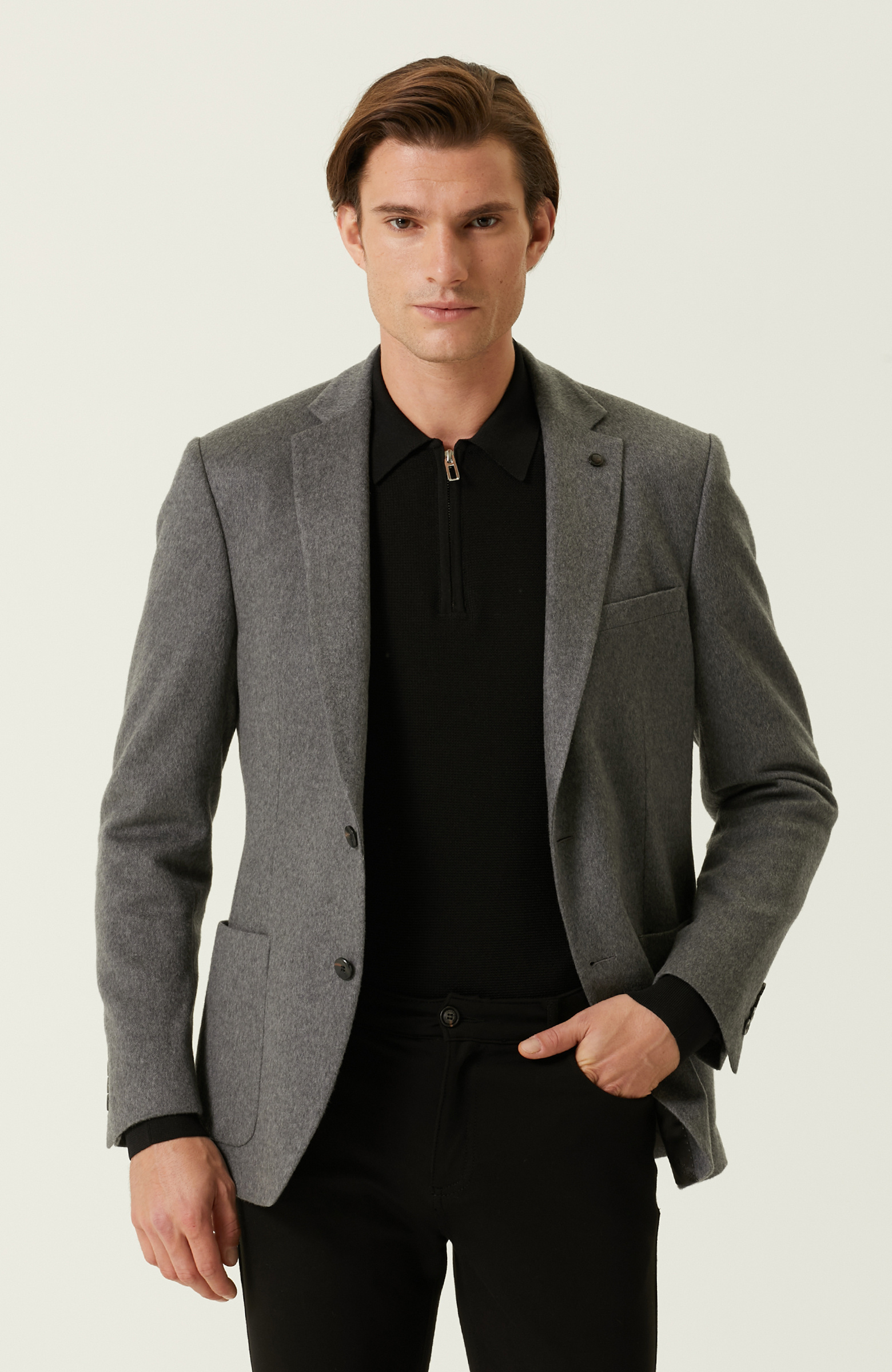Slim Fit Gri Kaşmir Ceket