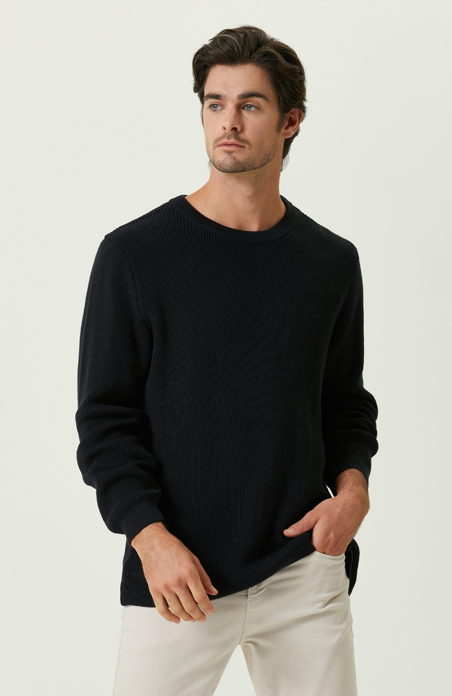 Lacivert Jakarlı Yün Kazak