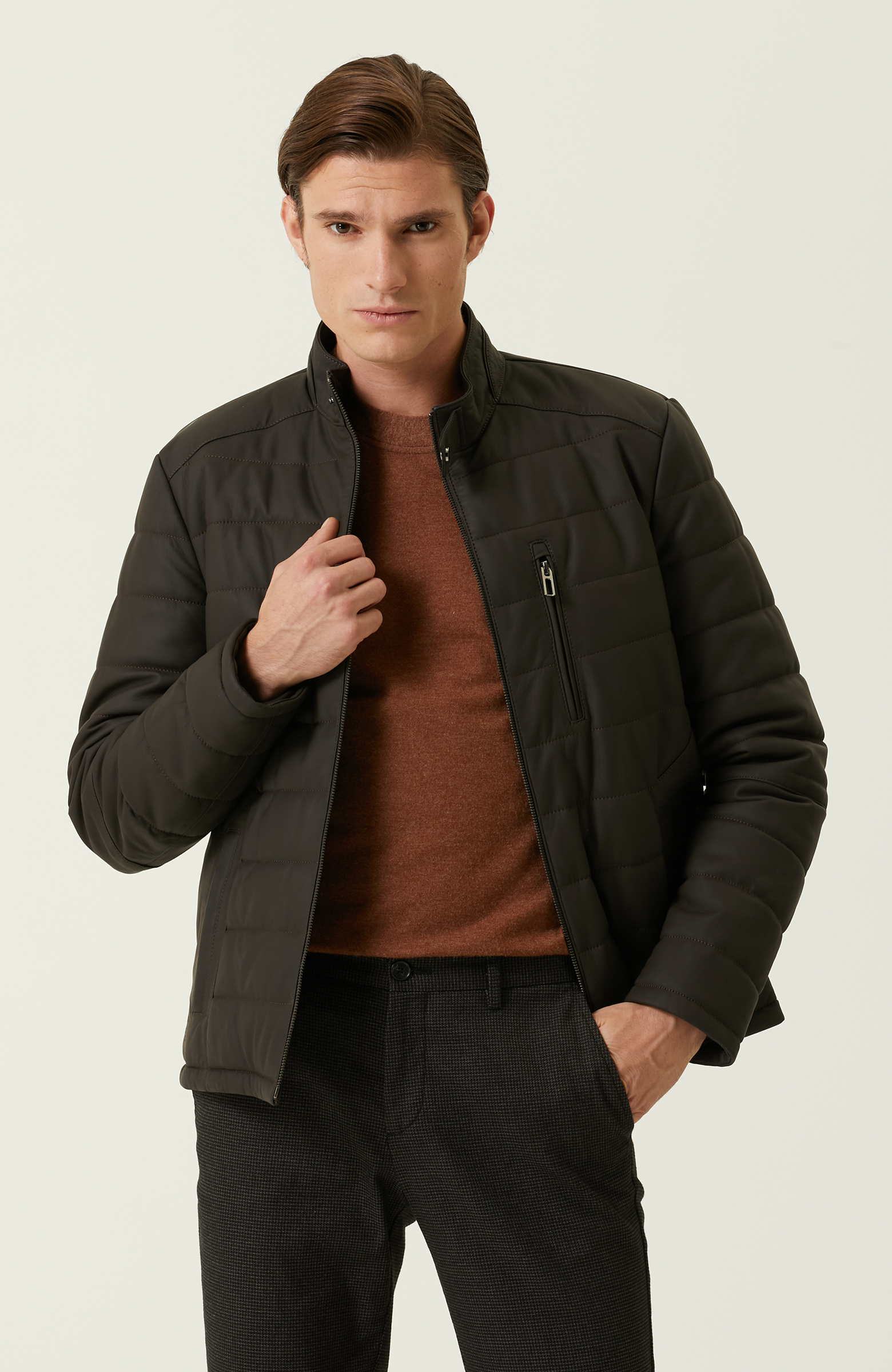 Slim Fit Kahverengi Deri Mont