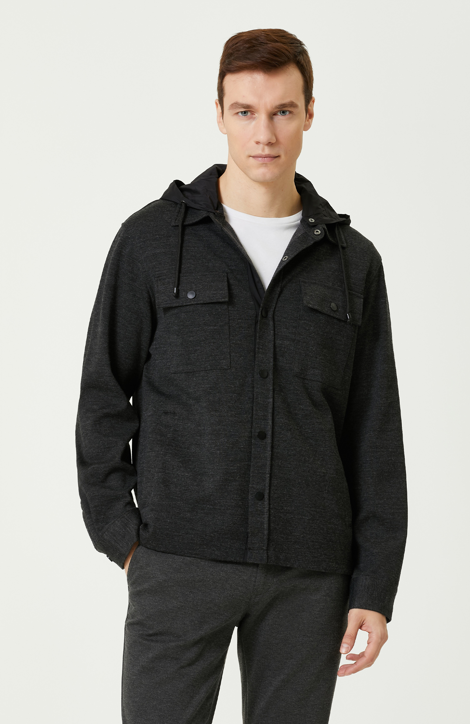 Slim Fit Antrasit Kapüşonlu Dış Gömlek Slim Fit Antrasit Kapüşonlu Dış Gömlek