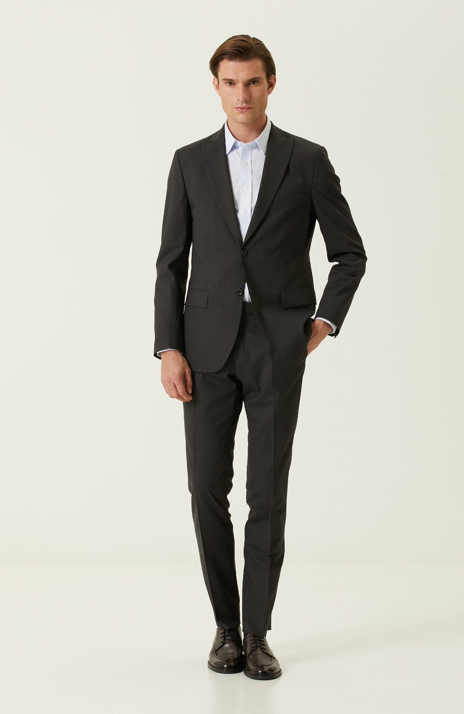 Slim Fit Antrasit Yün Takım Elbise