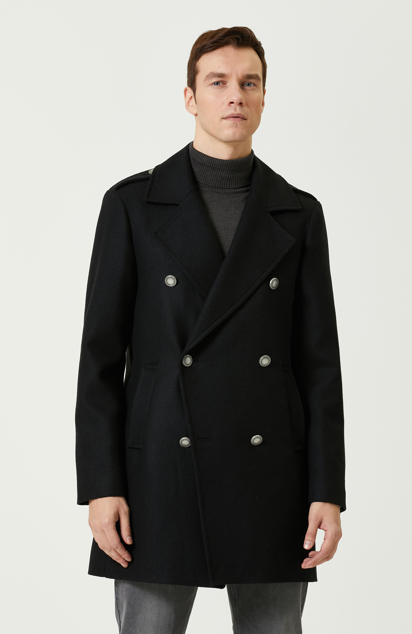 Slim Fit Siyah Yün Palto