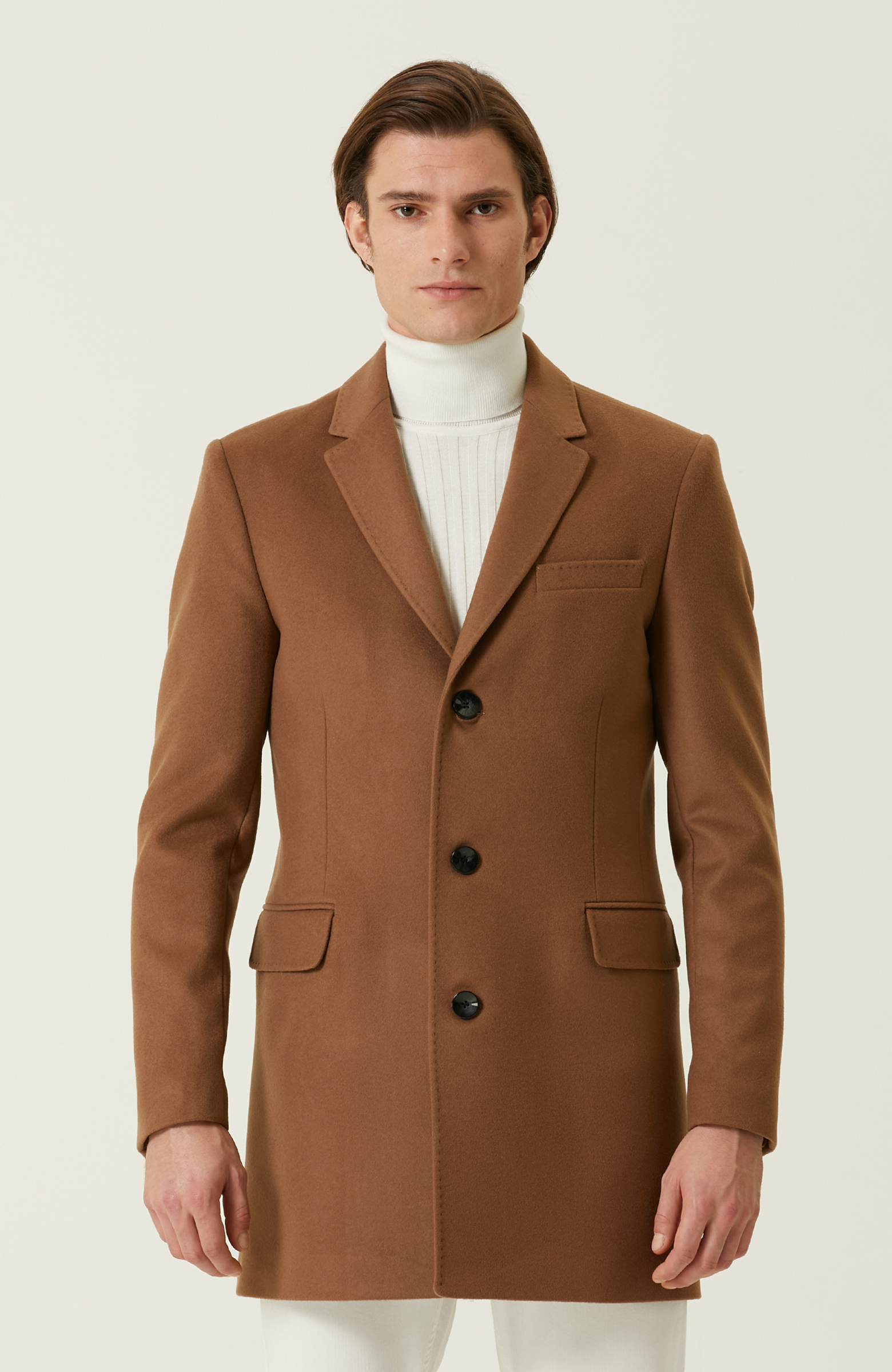 Slim Fit Camel Yün Palto