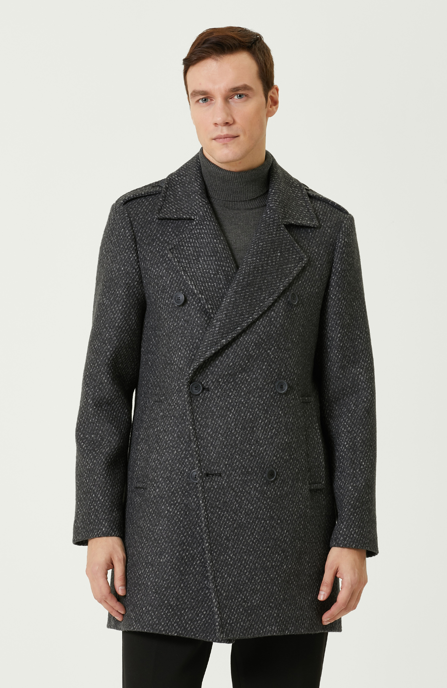 Antrasit Gri Desenli Yün Palto