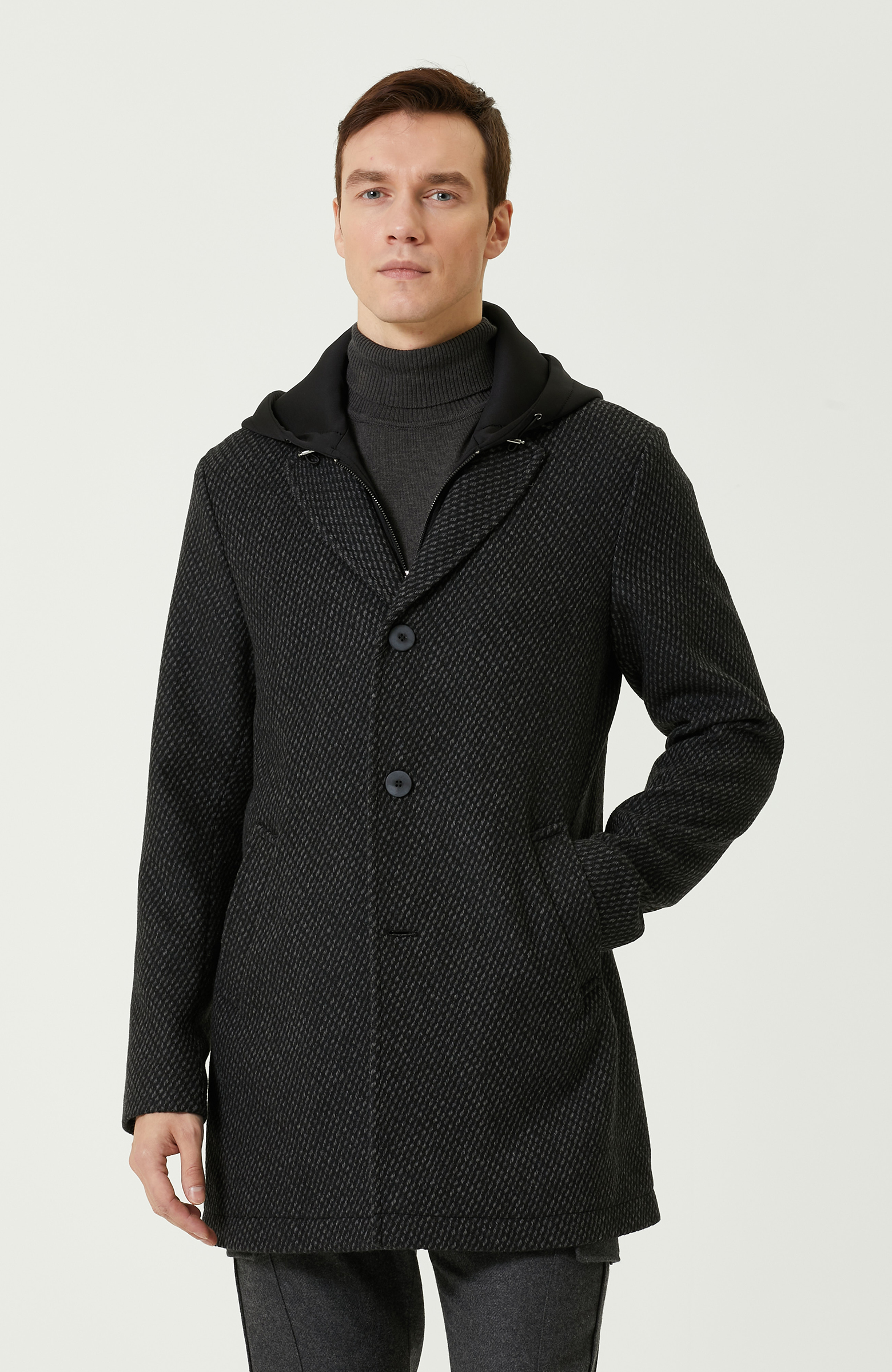 Comfort Fit Siyah Antrasit Desenli Yün Palto