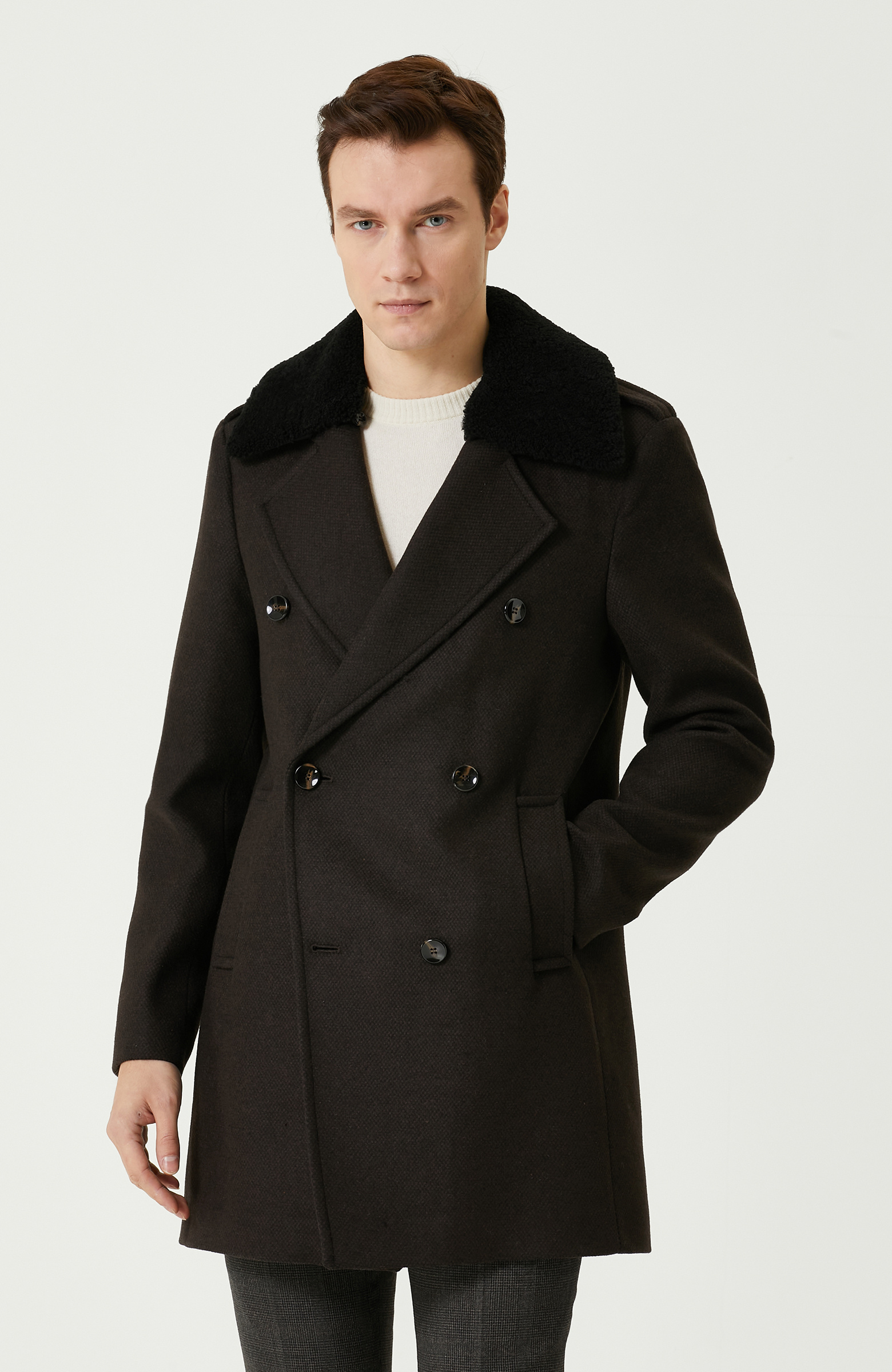 Slim Fit Kahverengi Yün Palto