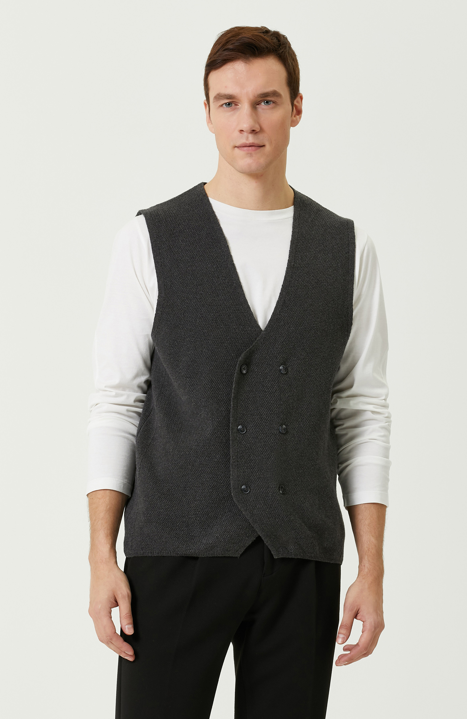 Slim Fit Antrasit Triko Yelek