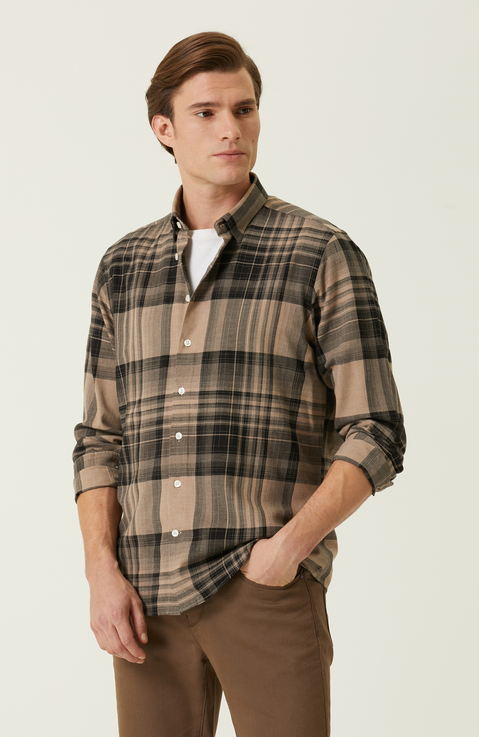 Comfort Fit Camel Siyah Gömlek