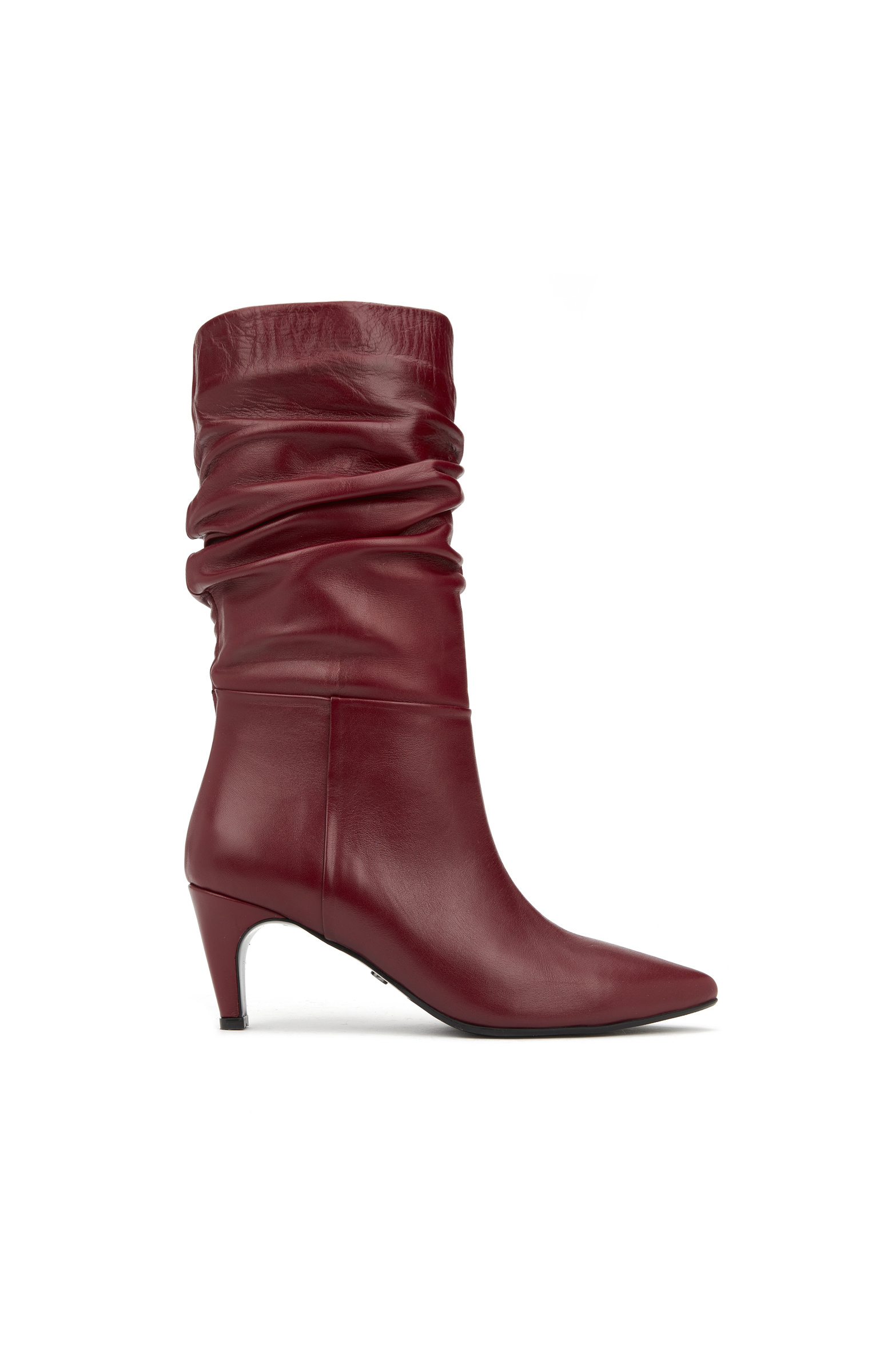 Bordo Büzgülü Topuklu Kadın Deri Çizme