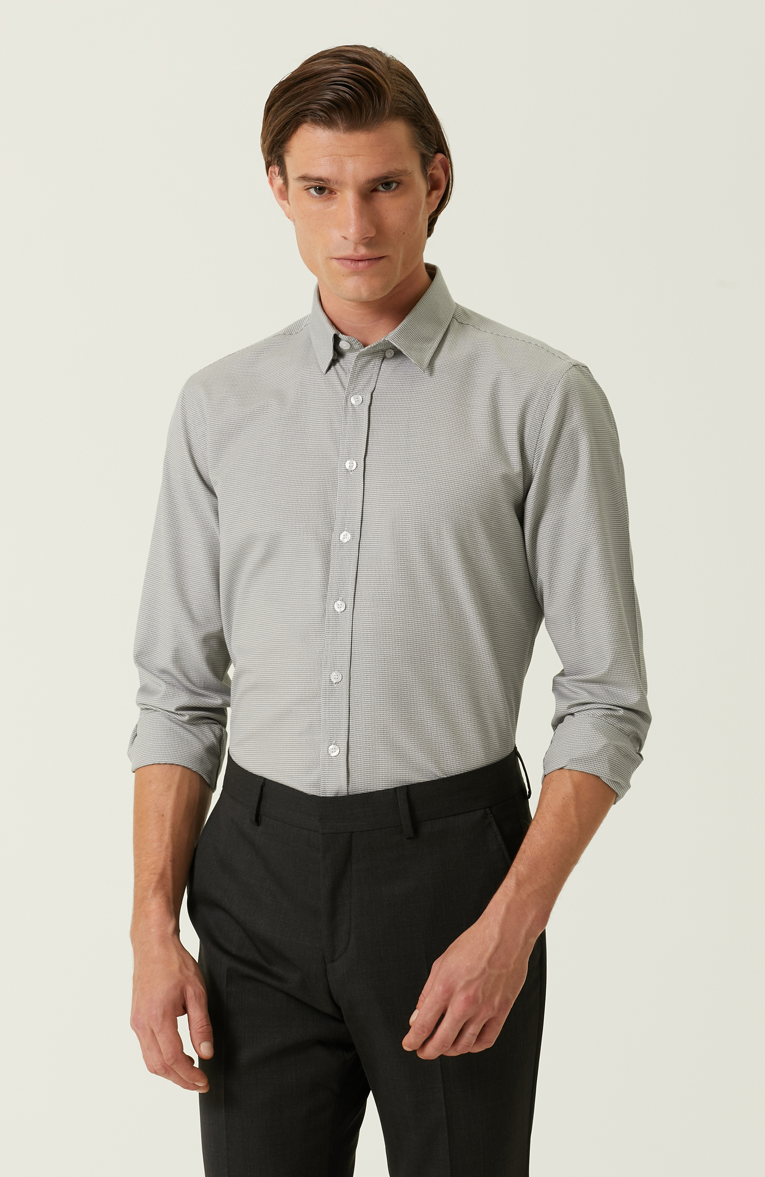 Slim Fit Gri Melanj Gömlek Slim Fit Gri Melanj Gömlek