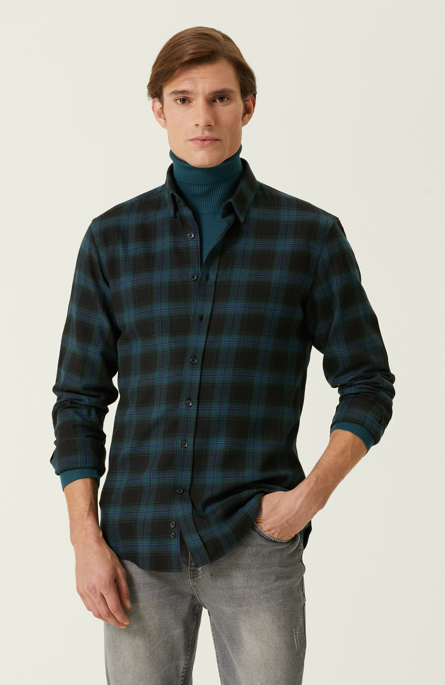 Slim Fit Siyah Yeşil Gömlek