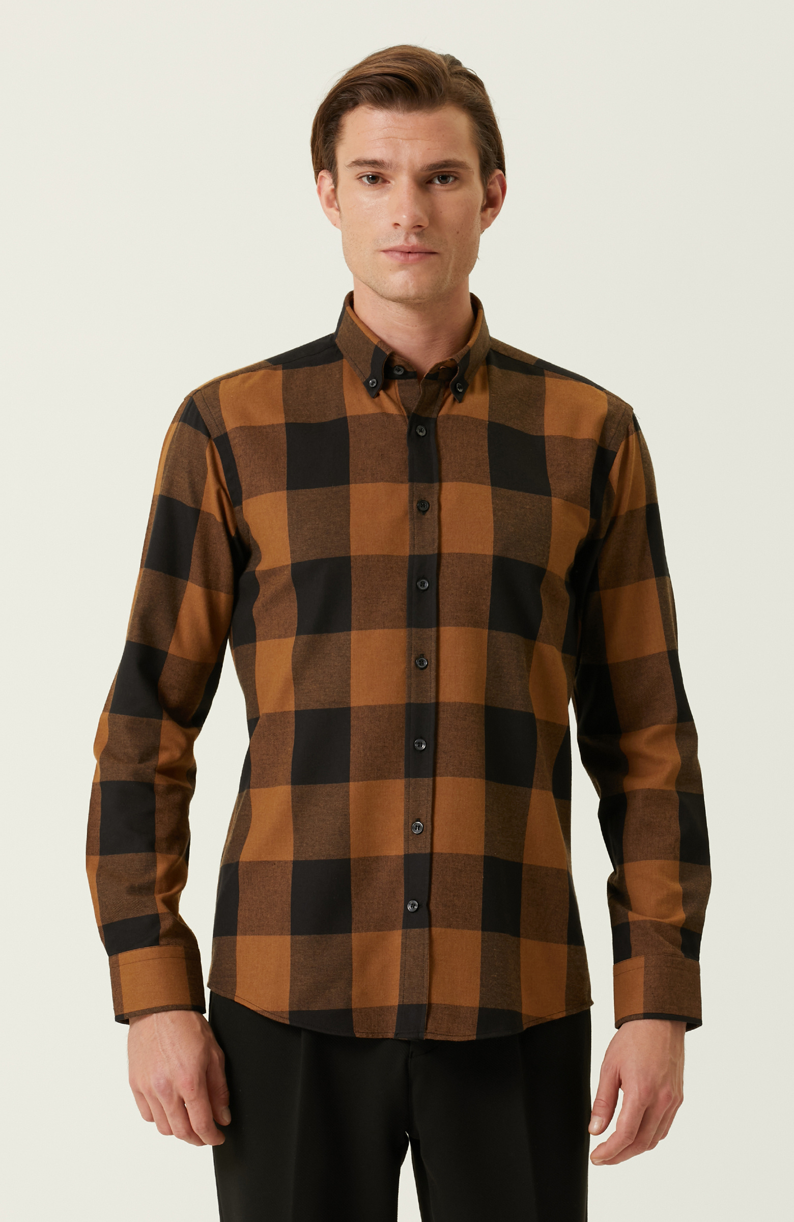 Slim Fit Tütün Ekose Desenli Gömlek
